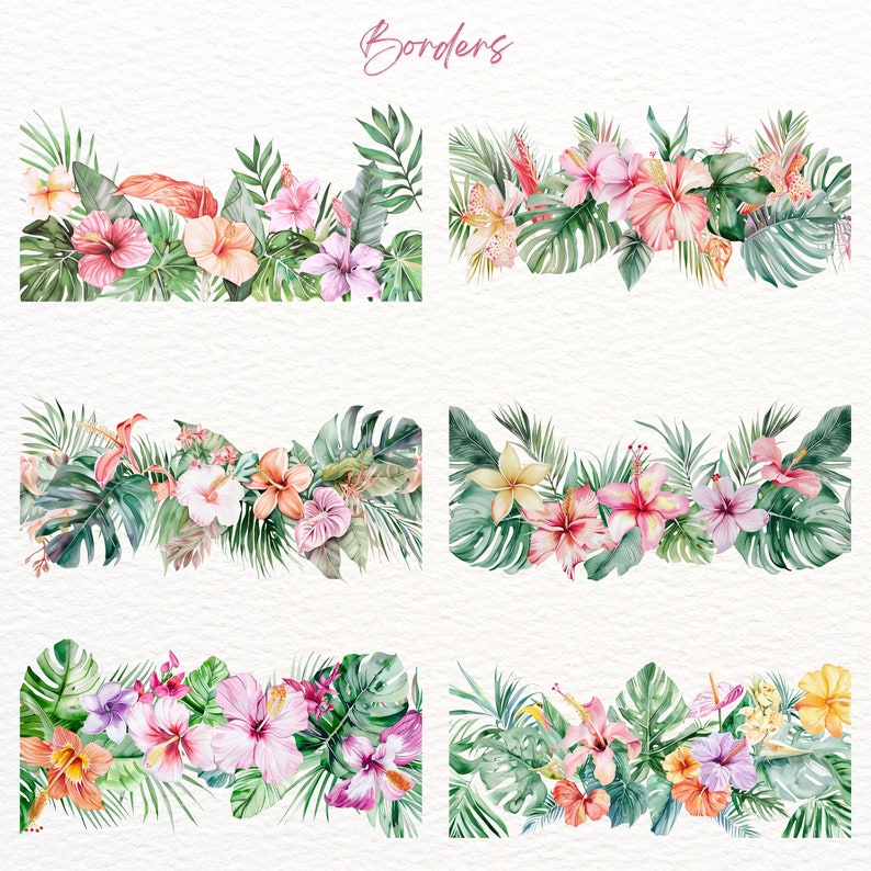 Watercolor Tropical Flowers and Leaves Clipart,tropical Flower Clipart ...