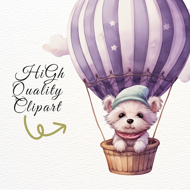 Watercolor Animals in Hot Air Balloon Clipart: Nursery PNG (15 Images ...