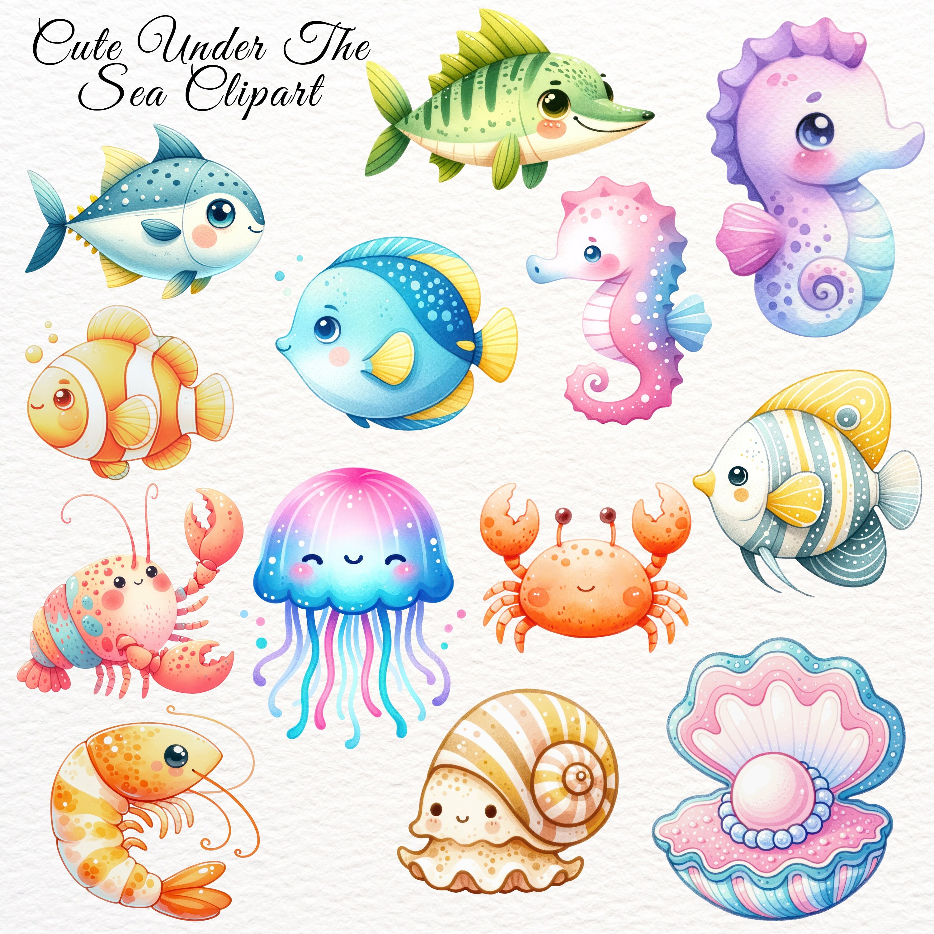 Cute Under the Sea Clipart,watercolor Ocean Animals & Diving Teddy Bear ...