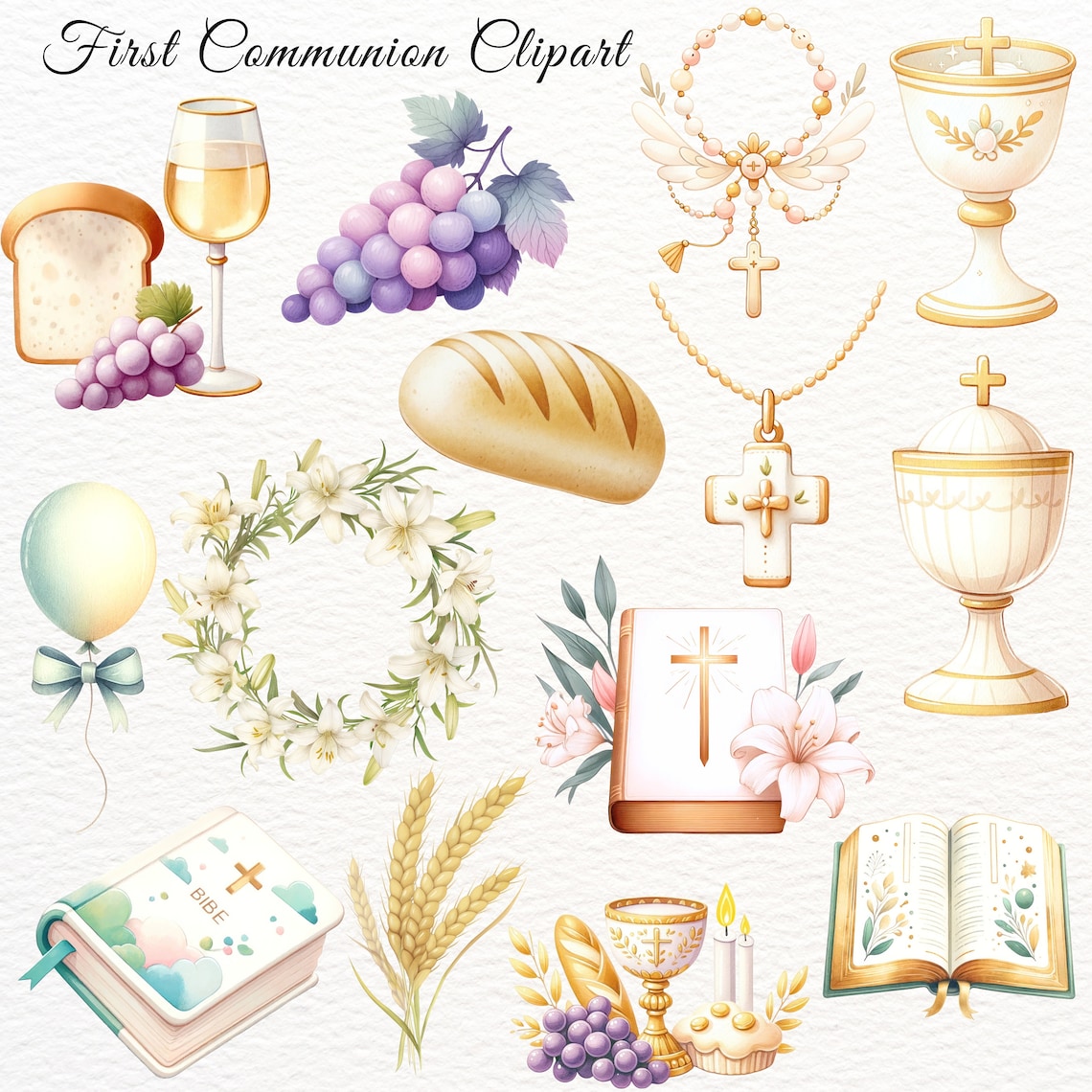 First Communion Clipart: Watercolor Christian PNG Images,kids Rosary ...
