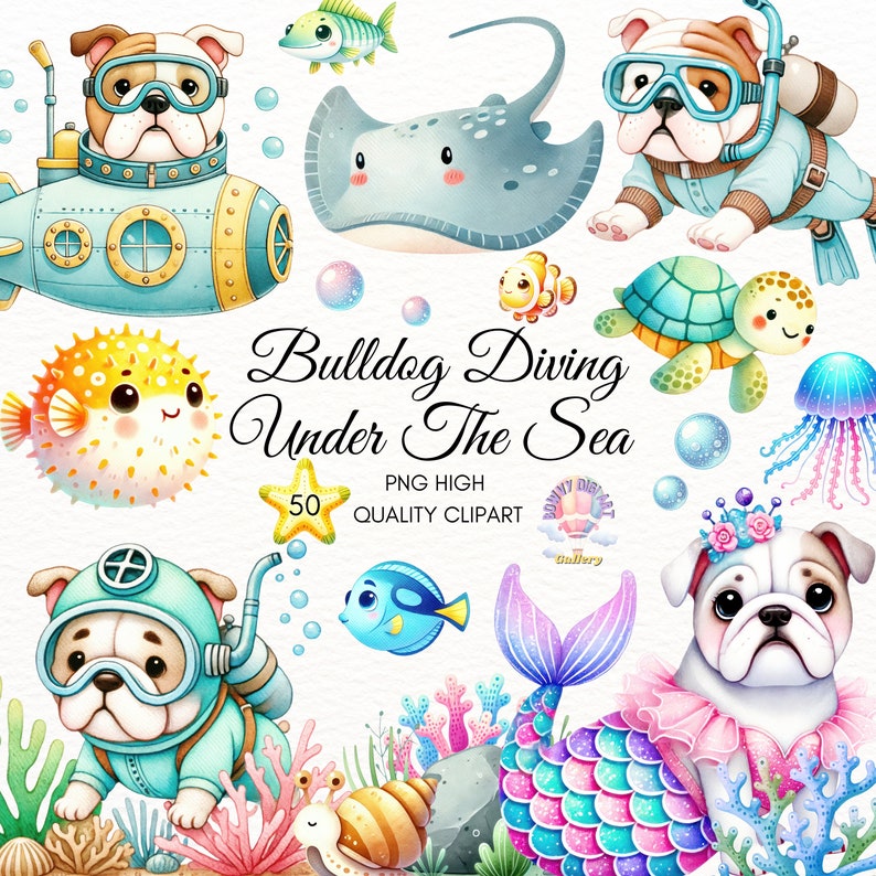 Watercolor Bulldog Under the Sea Clipart, Nursery Decor (digital PNG ...