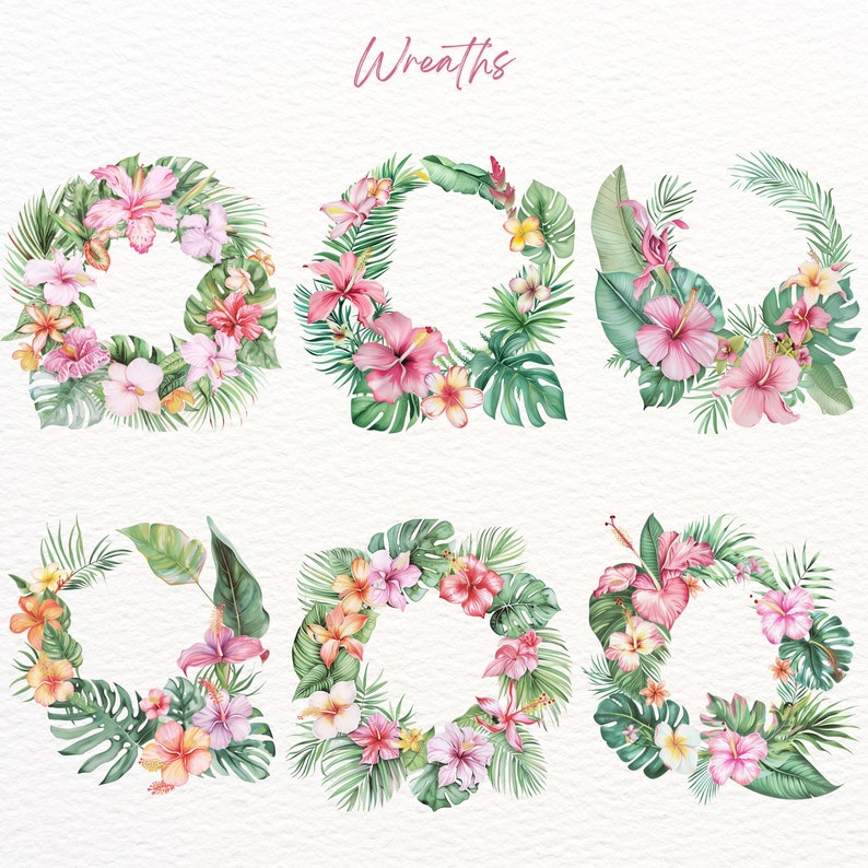 Watercolor Tropical Flowers and Leaves Clipart,tropical Flower Clipart ...