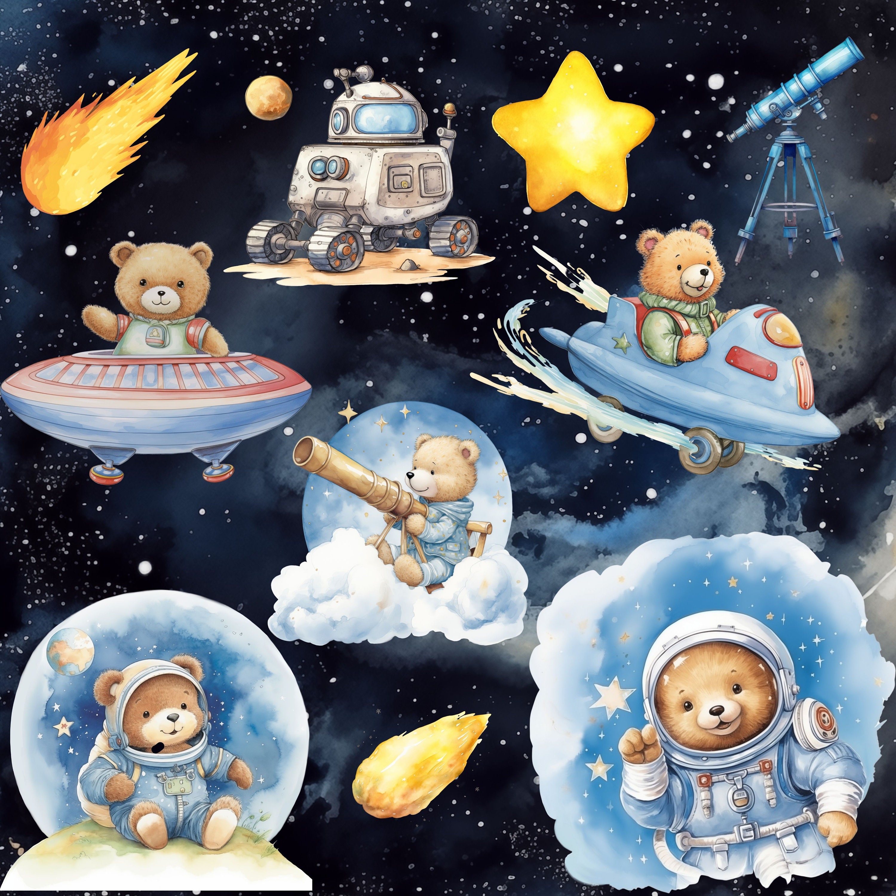 Watercolor Space Clipart,teddy Bear Clipart,astronaut,spaceship ...