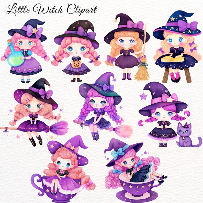 Little Witch Clipart,halloween Clipart,adorable Witchy Graphics ...