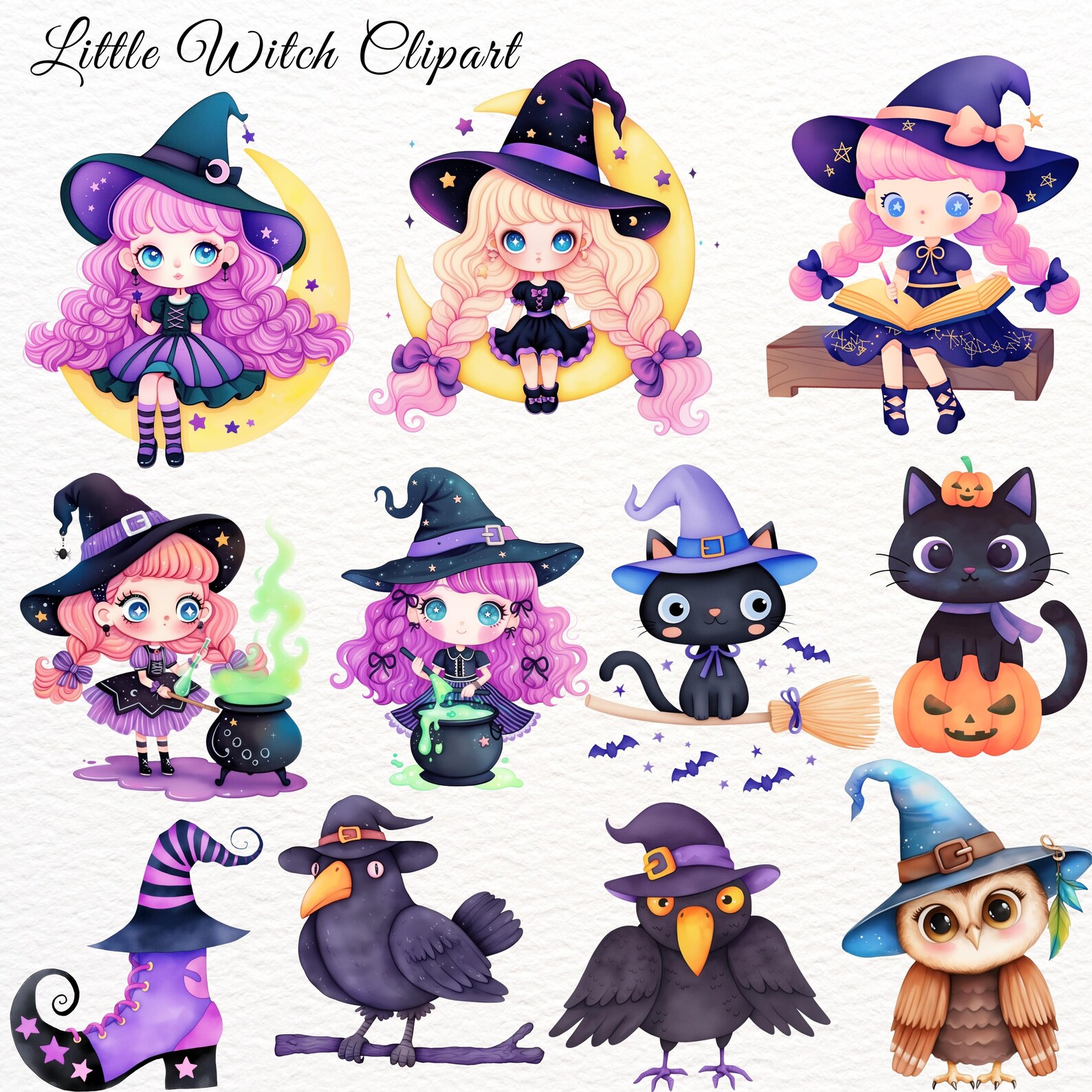 Little Witch Clipart,halloween Clipart,adorable Witchy Graphics ...