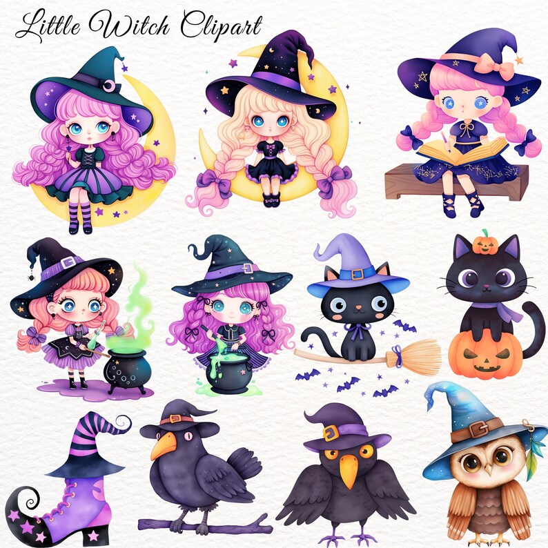 Little Witch Clipart,halloween Clipart,adorable Witchy Graphics ...