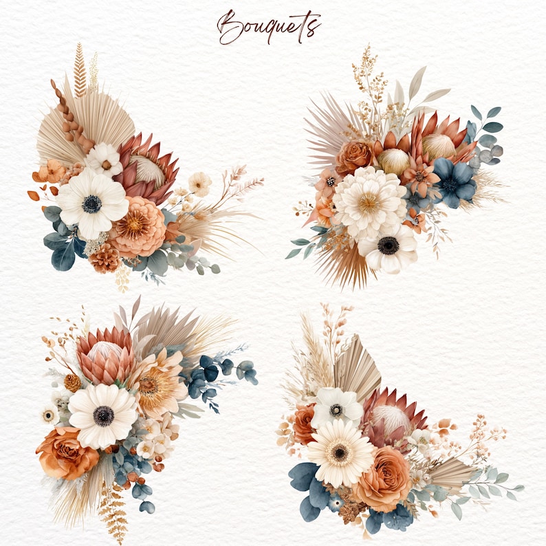 Watercolor Boho Floral Clipart Set Png,terracotta Navy Blue Wedding ...