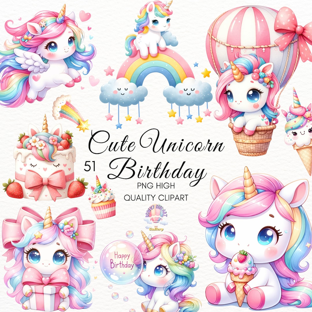 Cute Unicorn Birthday Clipart,rainbow Unicorn Clipart,unicorn Birthday ...