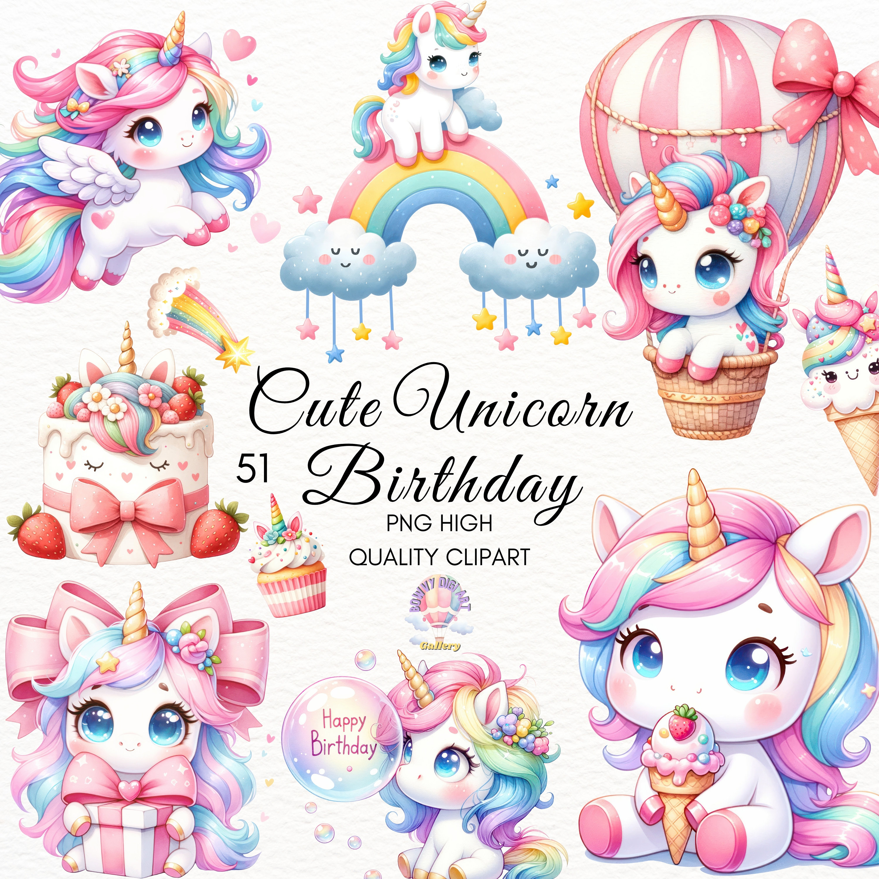 Cute Unicorn Birthday Clipart,rainbow Unicorn Clipart,unicorn Birthday ...