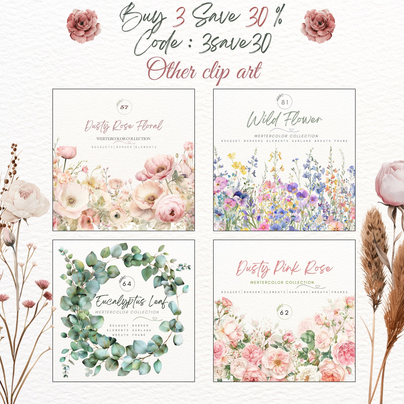 Watercolor Boho Flower,dried Plants Clipart,wild Floral Clipart,wedding ...