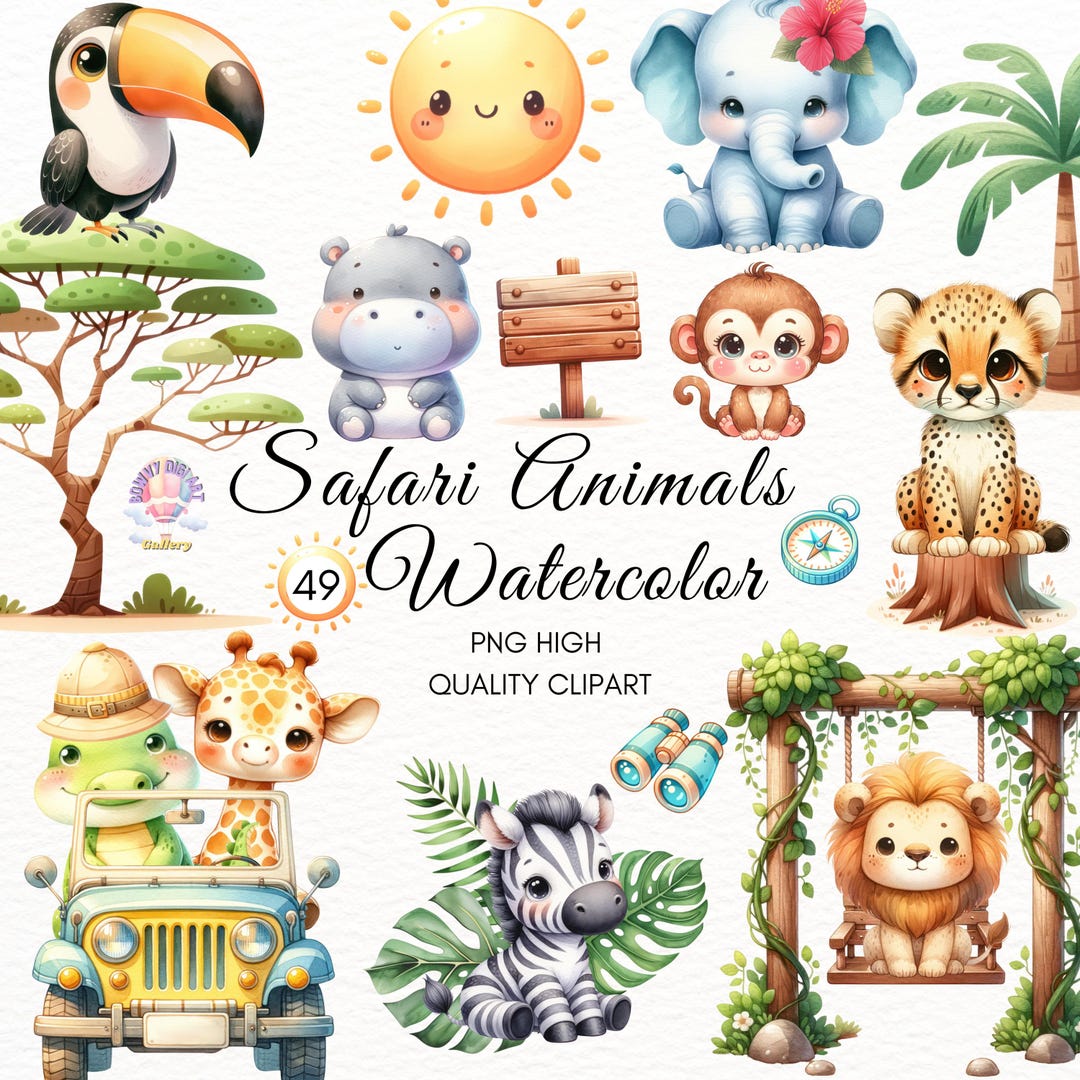 Watercolor Safari Animals Clipart Bundle 49 PNG | Jungle Nursery PNG ...
