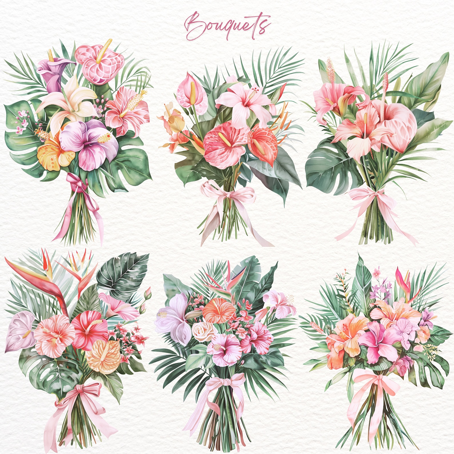 Watercolor Tropical Flowers and Leaves Clipart,tropical Flower Clipart ...