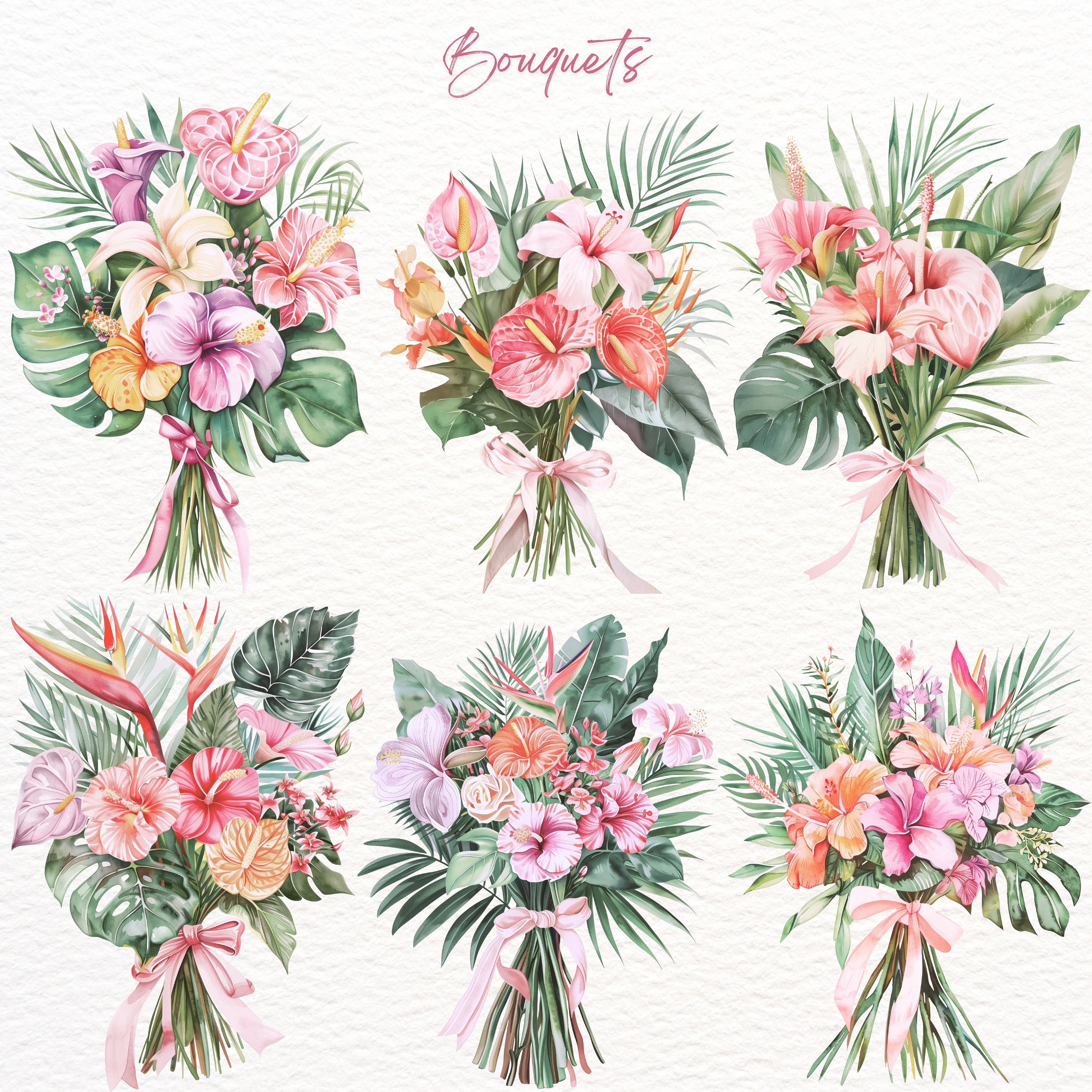 Watercolor Tropical Flowers and Leaves Clipart,tropical Flower Clipart ...
