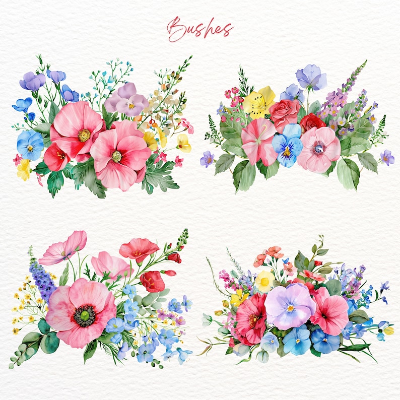 Watercolor Wildflower Clipart,vivid Florals,rainbow Floral,pink Floral ...