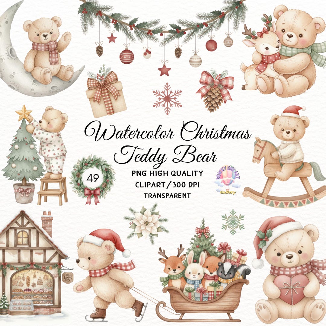 Watercolor Christmas Teddy Bear Clipart, Cute Holiday Bear Png,winter ...