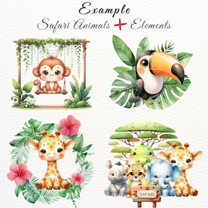 Watercolor Safari Animals Clipart Bundle 49 PNG | Jungle Nursery PNG ...