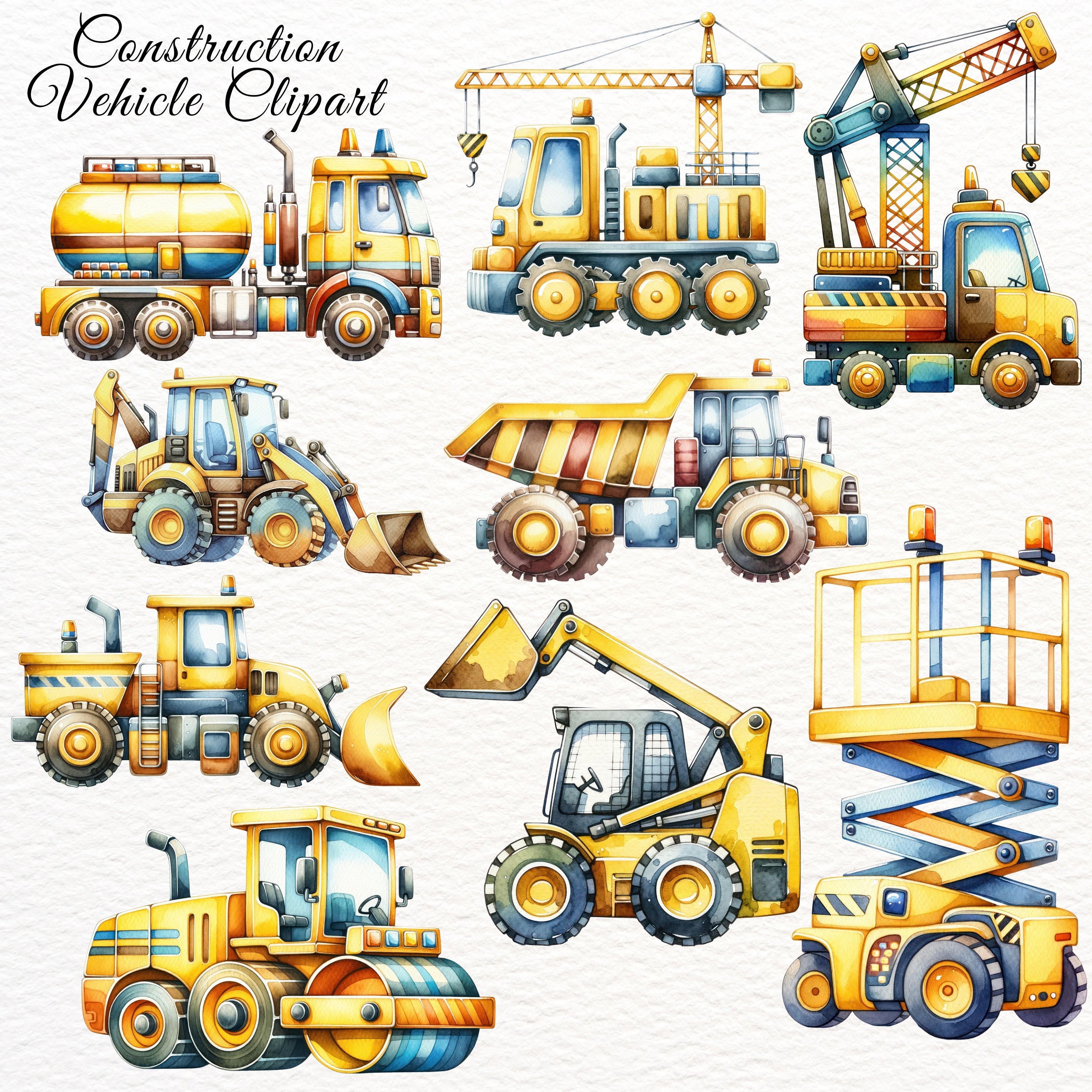 Watercolor Construction Vehicle Clipart: Birthday Party Decor (digital ...