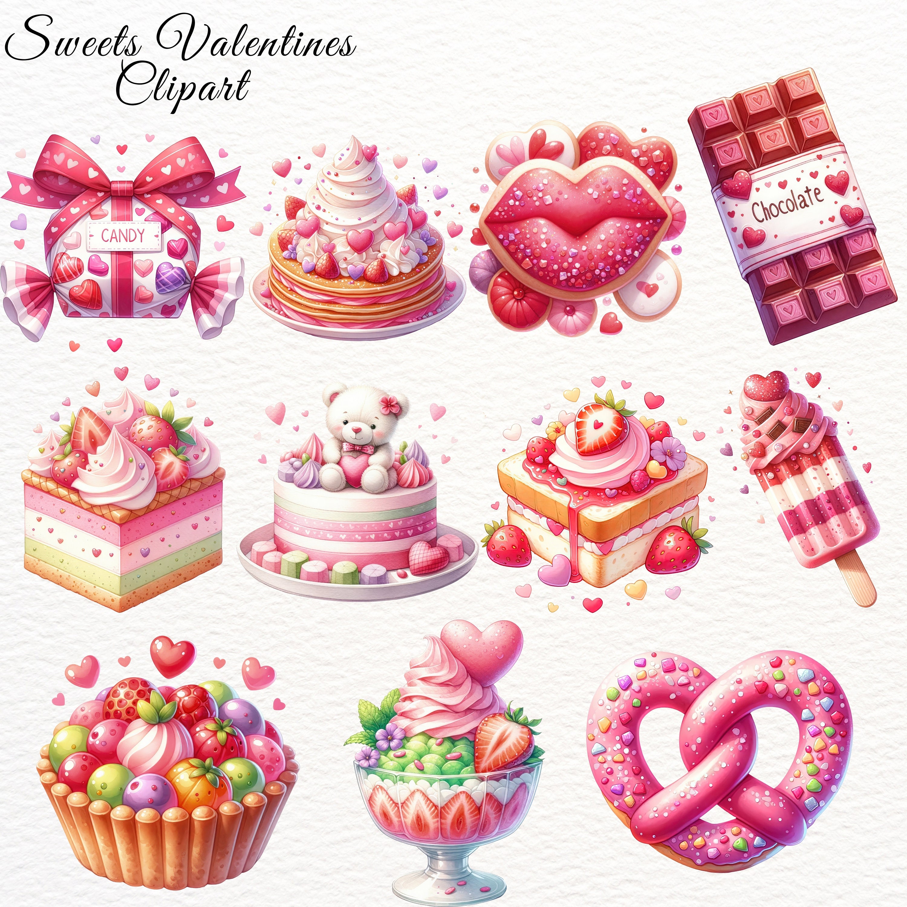 Watercolor Sweets Valentine Clipart: 42 PNG Dessert Graphics (digital ...