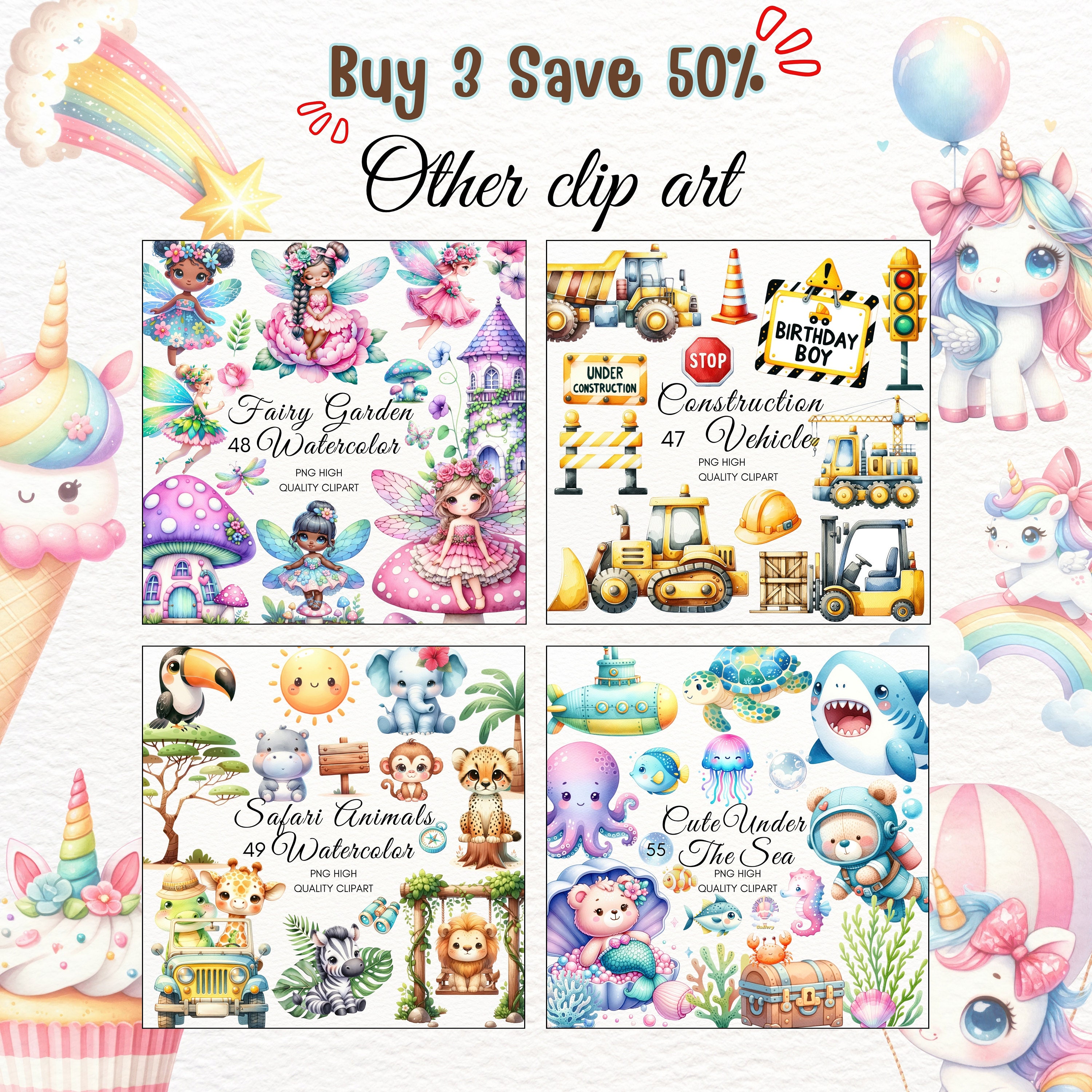 Cute Unicorn Birthday Clipart,rainbow Unicorn Clipart,unicorn Birthday ...