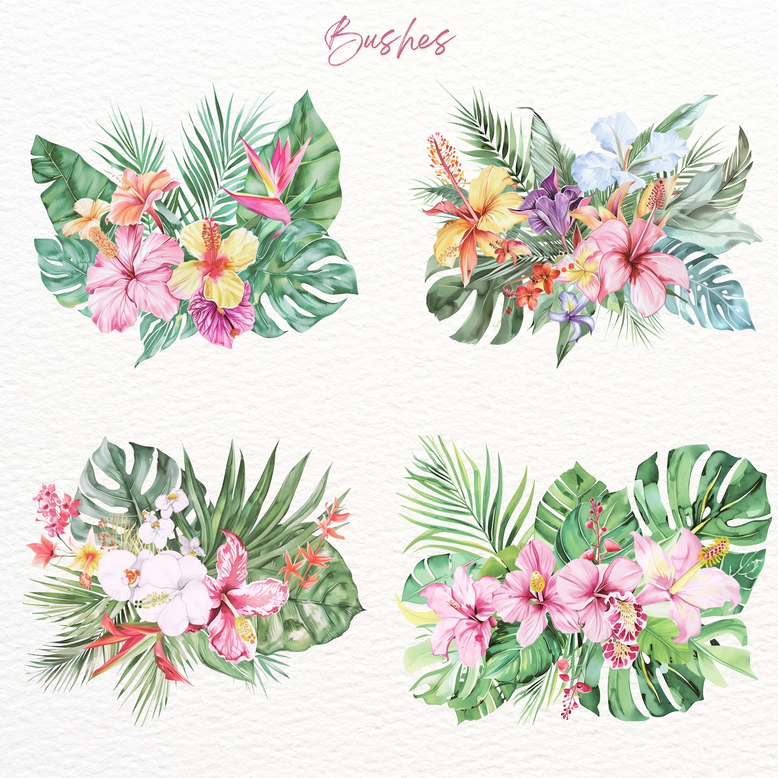 Watercolor Tropical Flowers and Leaves Clipart,tropical Flower Clipart ...