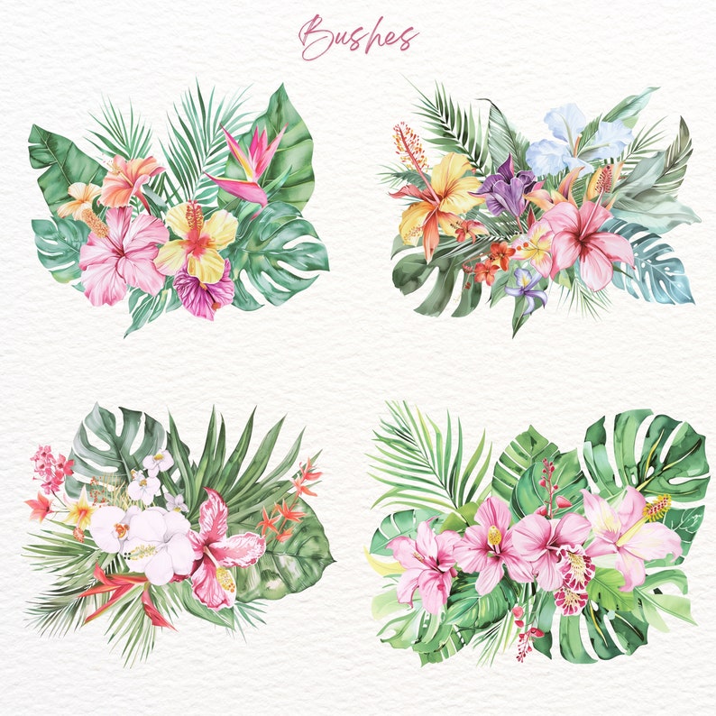 Watercolor Tropical Flowers and Leaves Clipart,tropical Flower Clipart ...