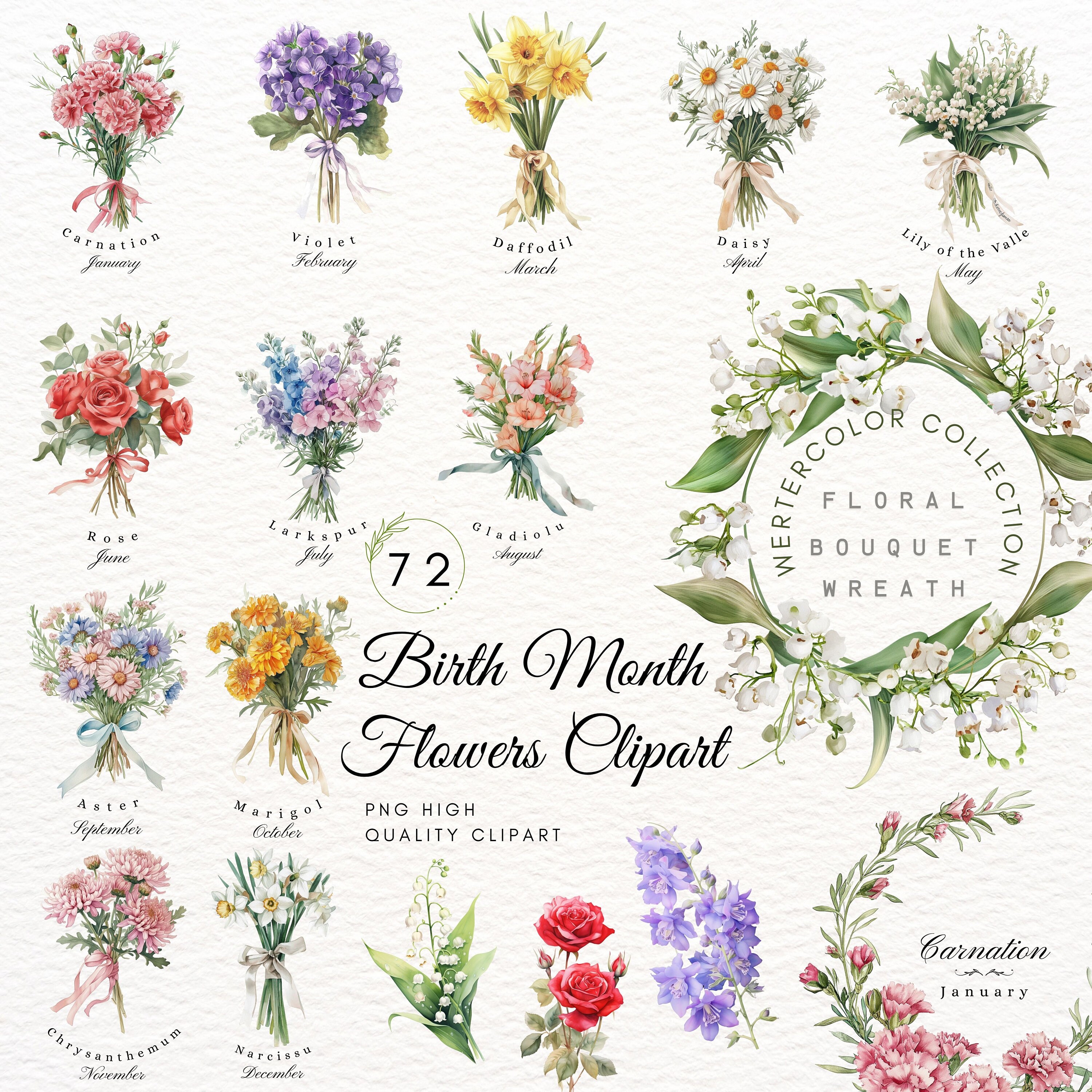 Watercolor Birth Month Flower Clipart,birth Flower Png,watercolor ...