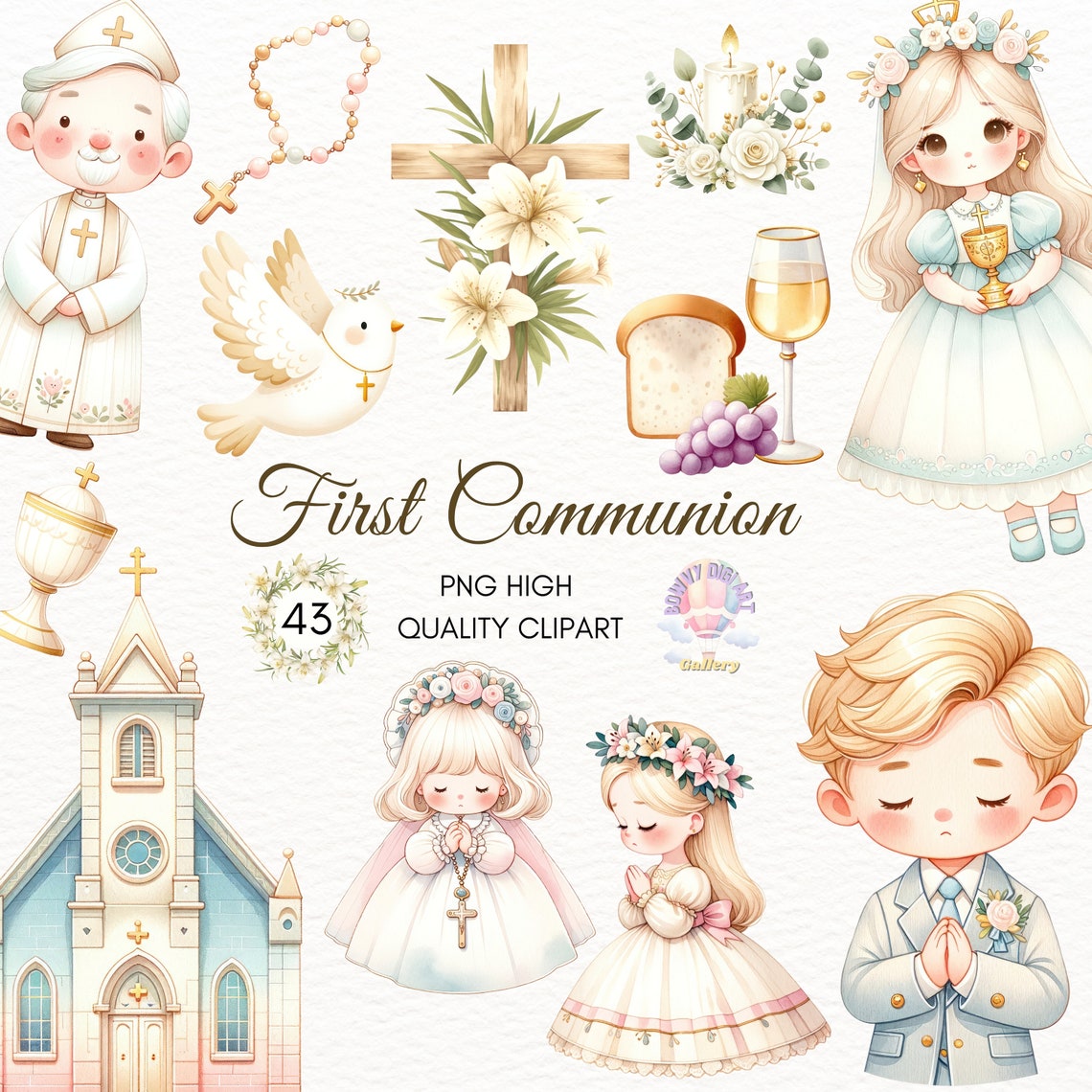 First Communion Clipart: Watercolor Christian PNG Images,kids Rosary ...