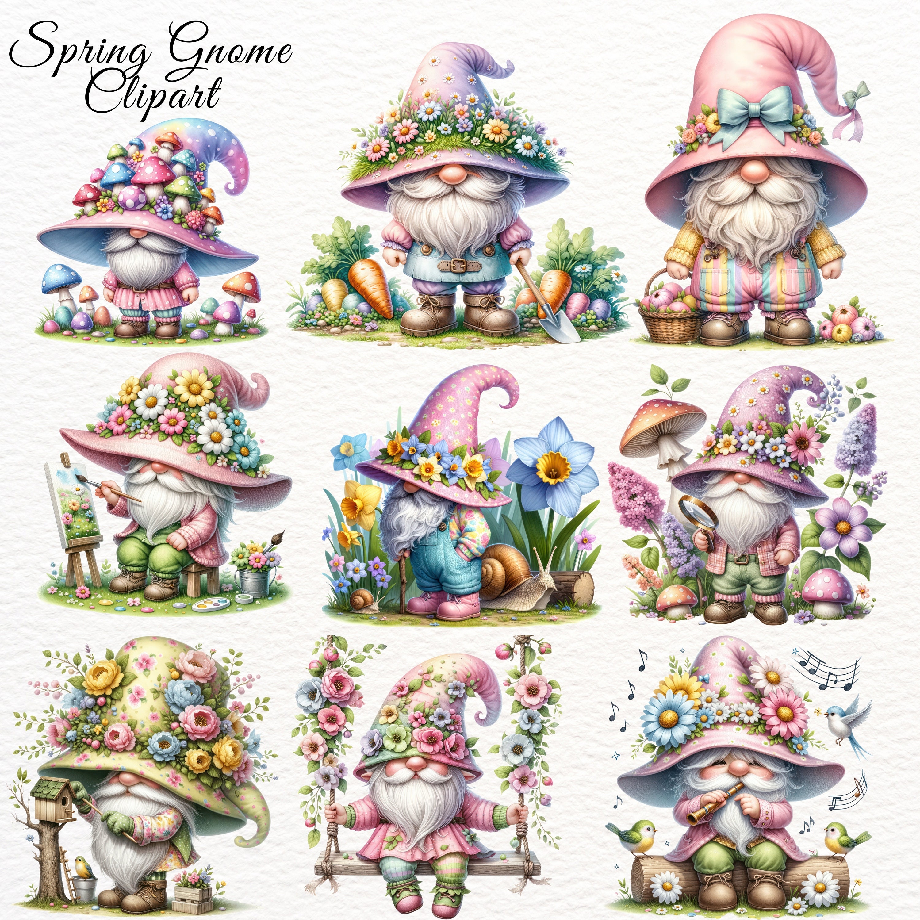 Spring Garden Gnome Clipart: Watercolor Flower Gnomes (digital Download ...