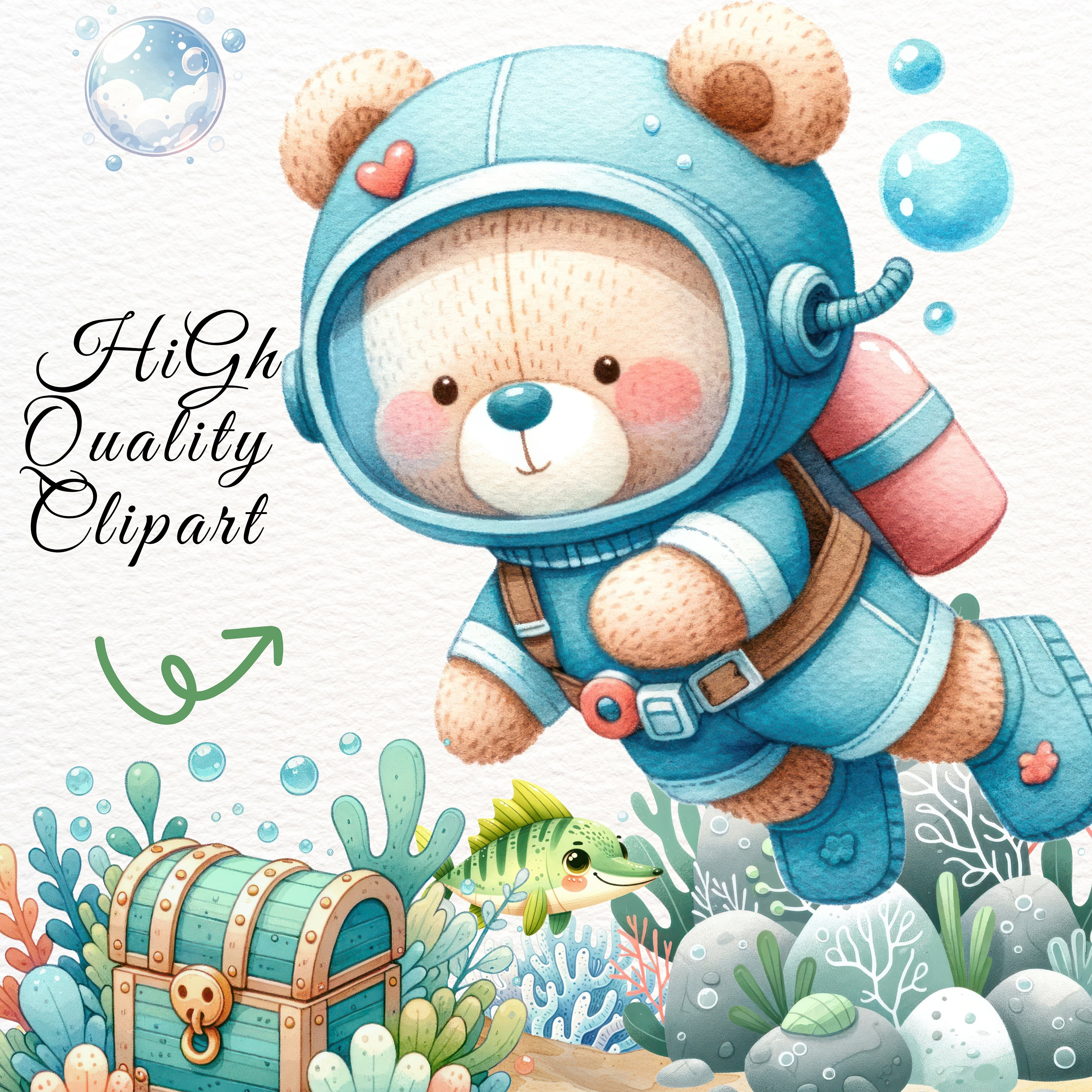 Cute Under the Sea Clipart,watercolor Ocean Animals & Diving Teddy Bear ...