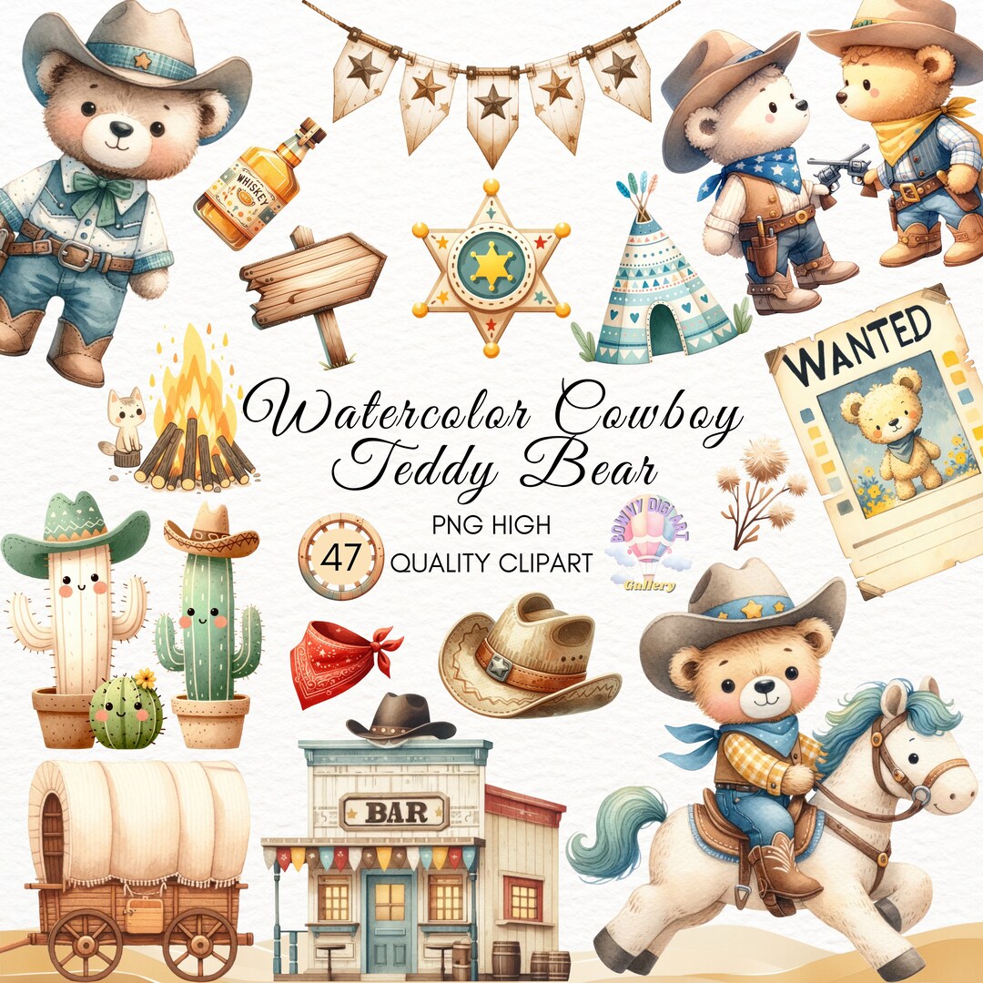 Watercolor Cowboy Teddy Bear Clipart,cute Cowboy Clipart,baby Cowboy ...