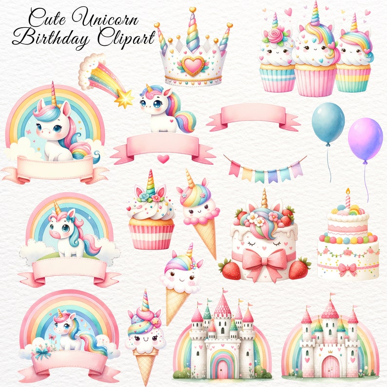 Cute Unicorn Birthday Clipart,rainbow Unicorn Clipart,unicorn Birthday ...