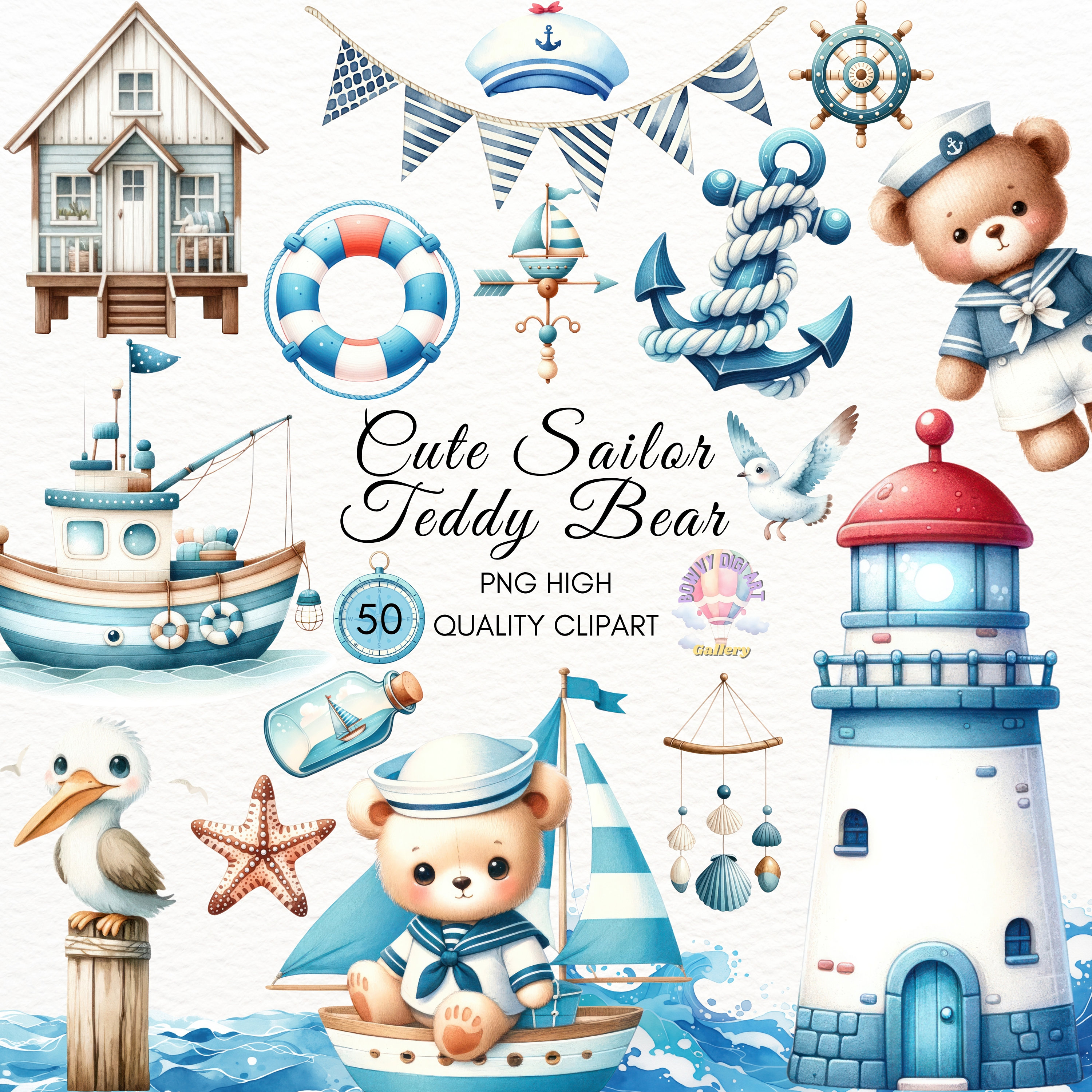 Nautical Clipart,cute Sailor Teddy Bear Clipart,watercolor Coastal ...