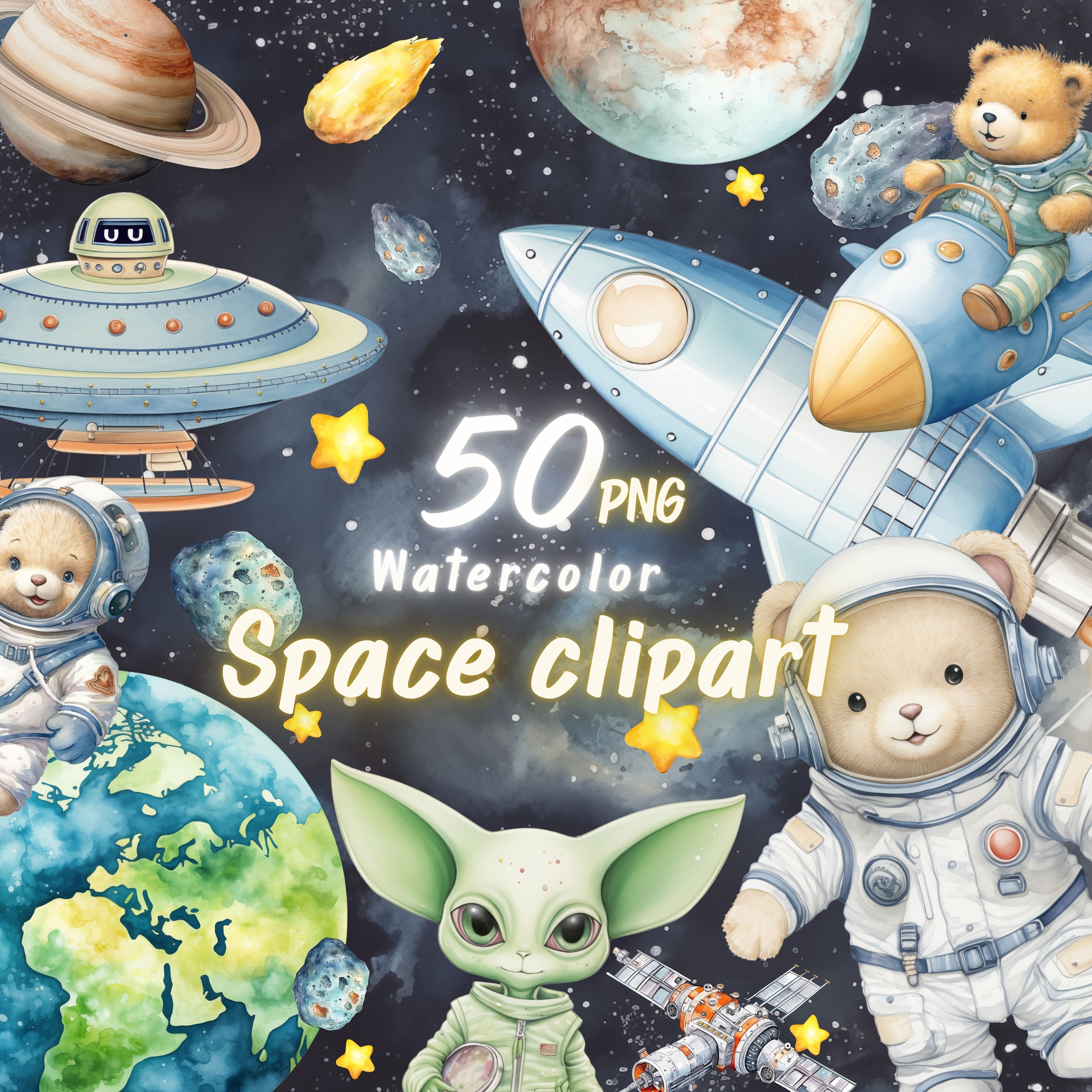 Watercolor Space Clipart,teddy Bear Clipart,astronaut,spaceship ...