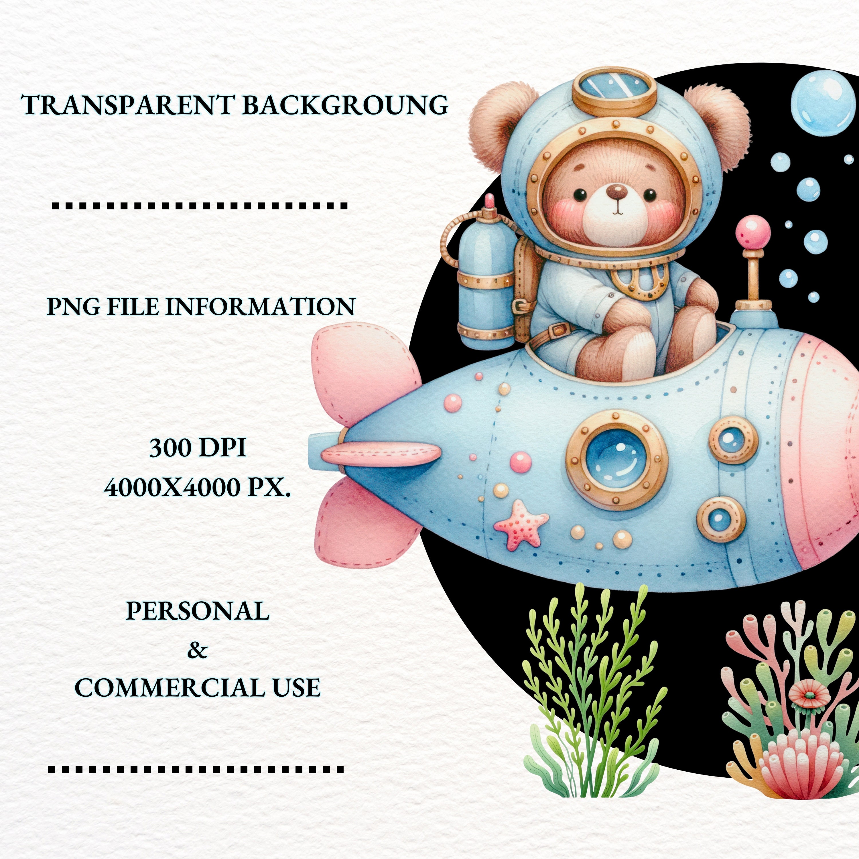 Cute Under the Sea Clipart,watercolor Ocean Animals & Diving Teddy Bear ...