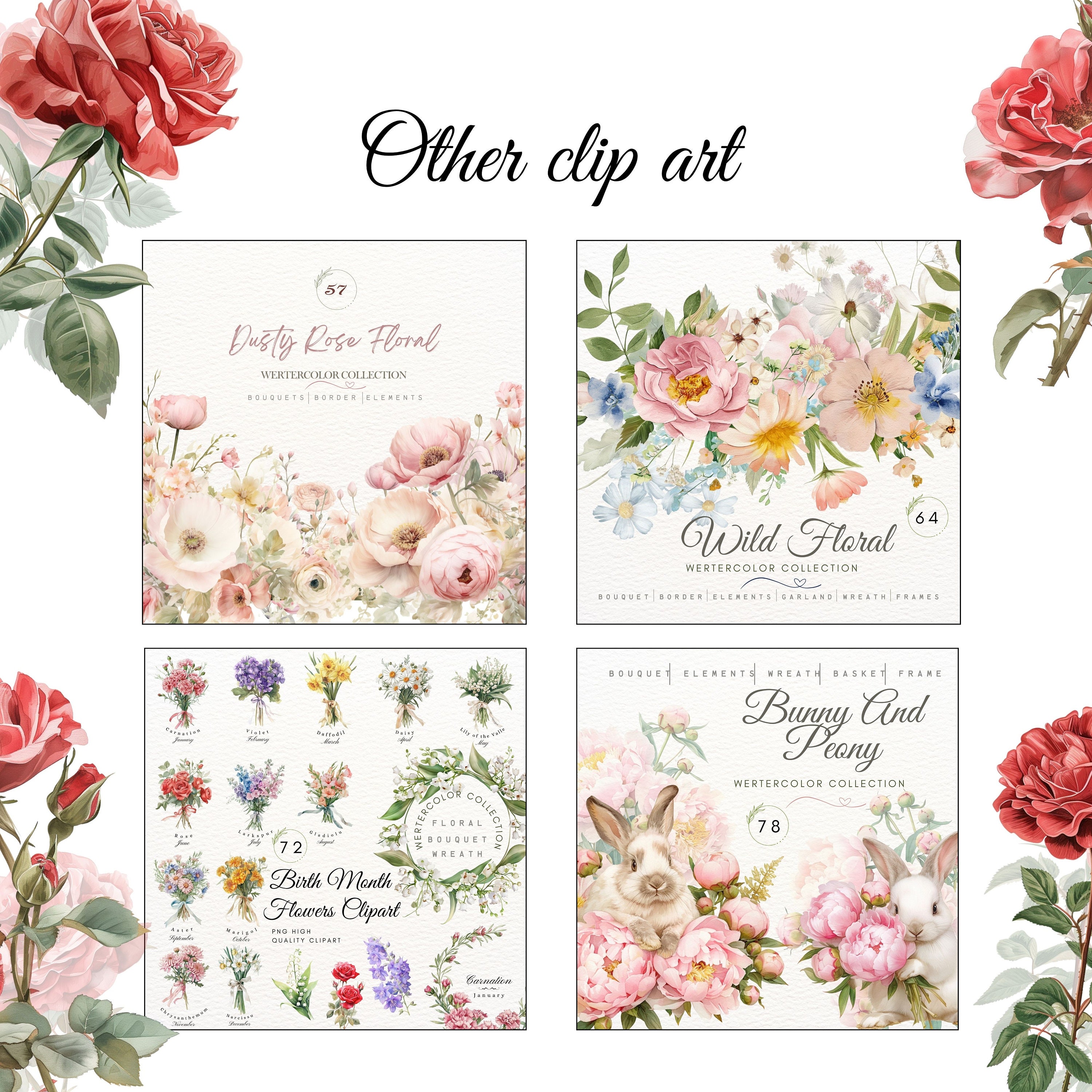 Dusty Rose Floral Clipart,watercolor Red Rose Clipart,rose Border ...
