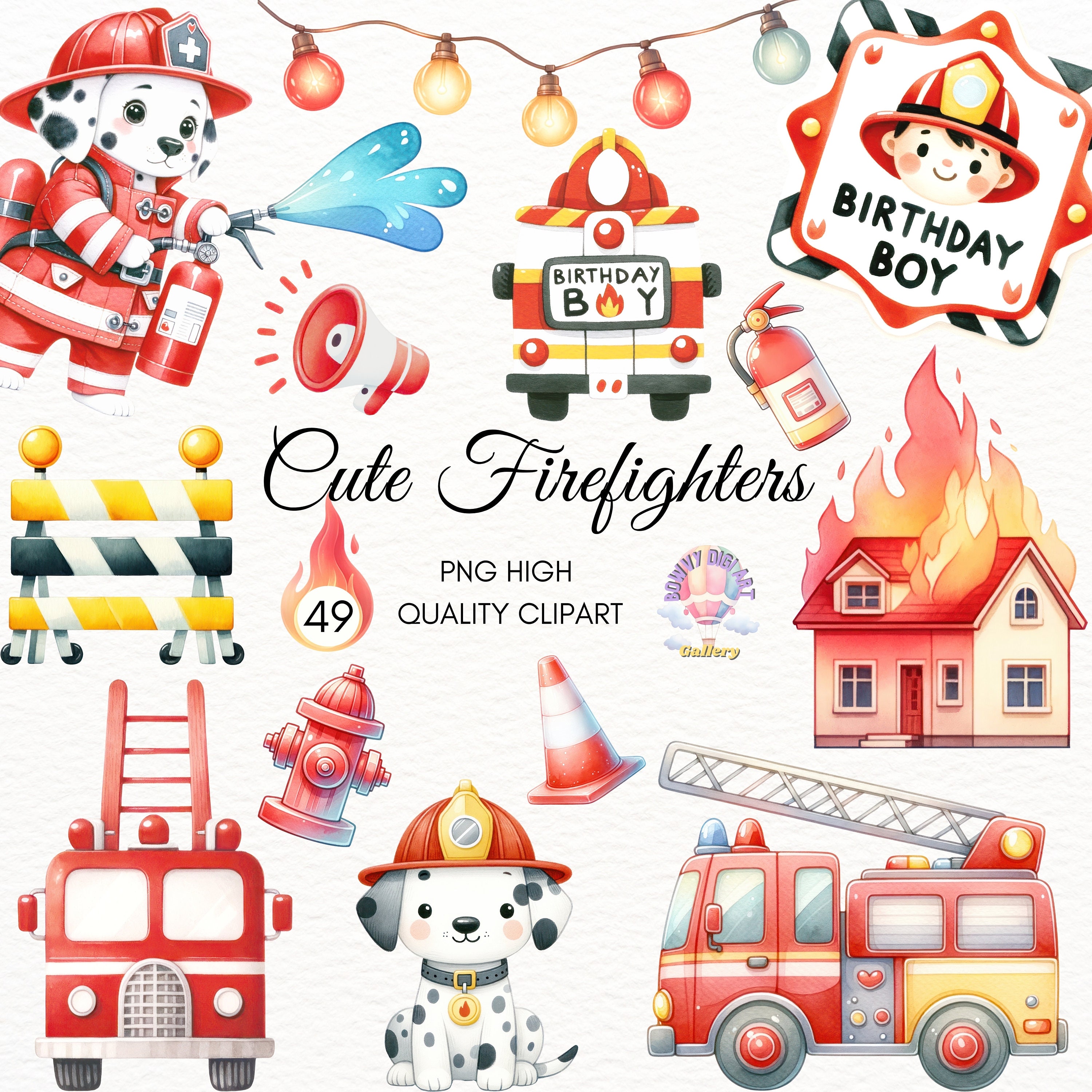 Cute Firefighters Clipart,fire Truck,watercolor Vehicles,watercolor ...