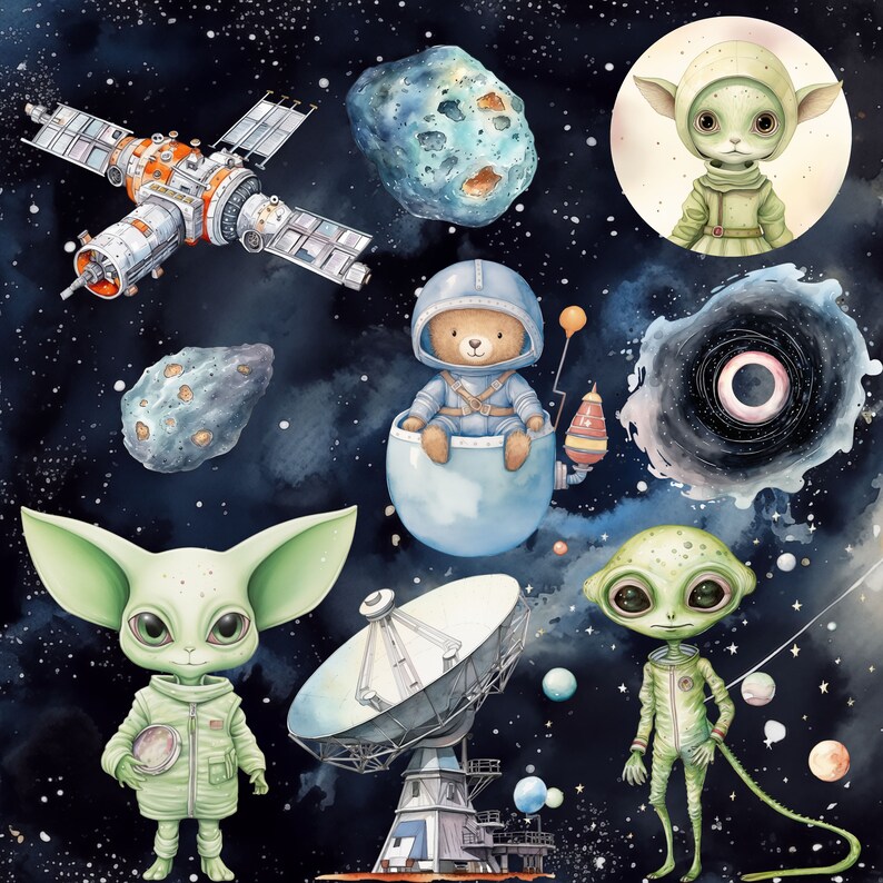 Watercolor Space Clipart,teddy Bear Clipart,astronaut,spaceship ...