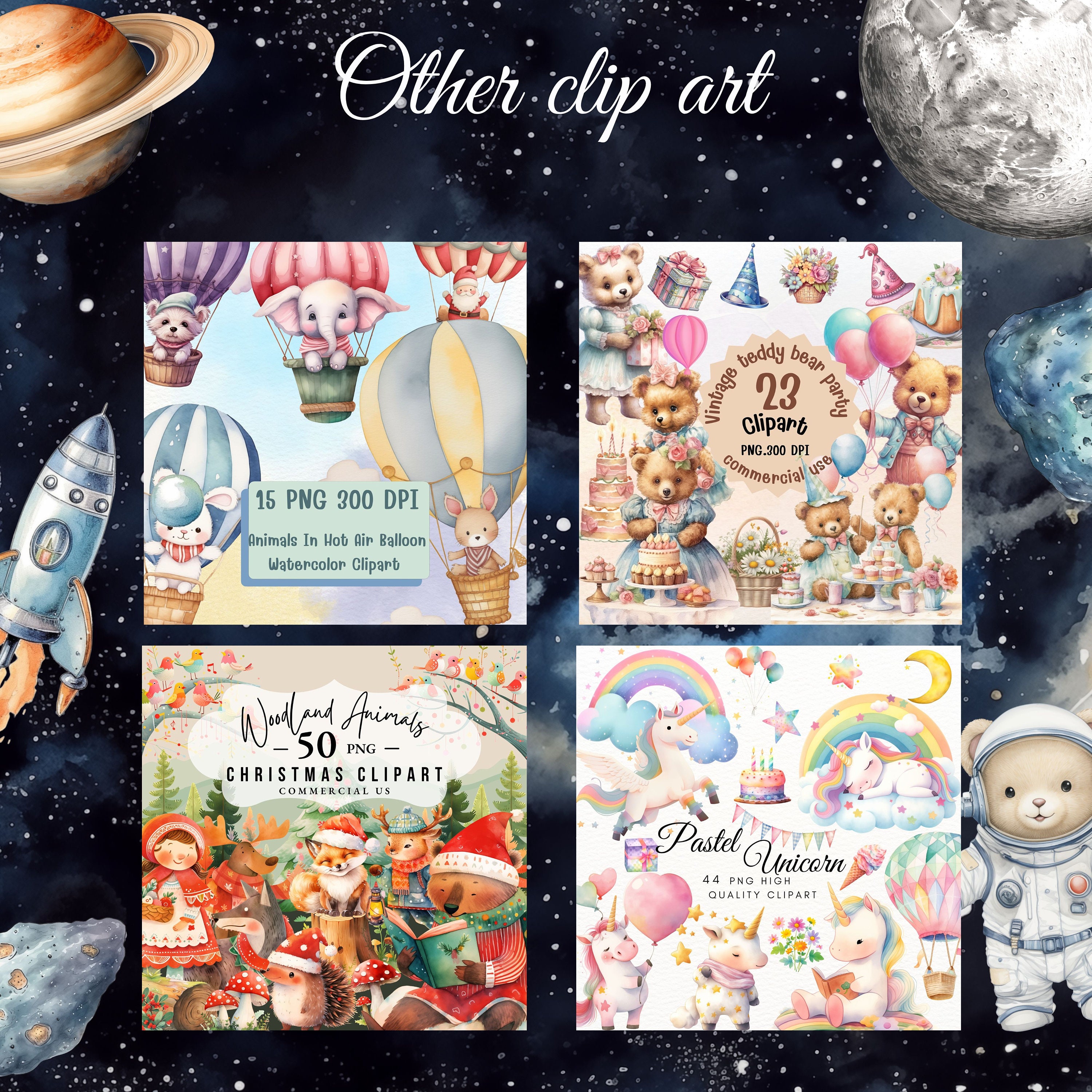 Watercolor Space Clipart,teddy Bear Clipart,astronaut,spaceship ...