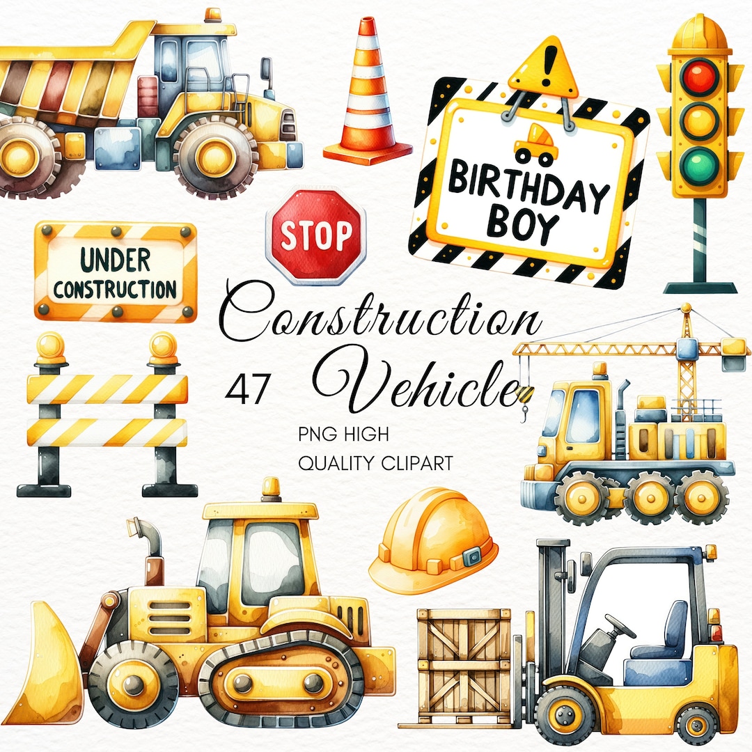 Watercolor Construction Vehicle Clipart: Birthday Party Decor (digital ...