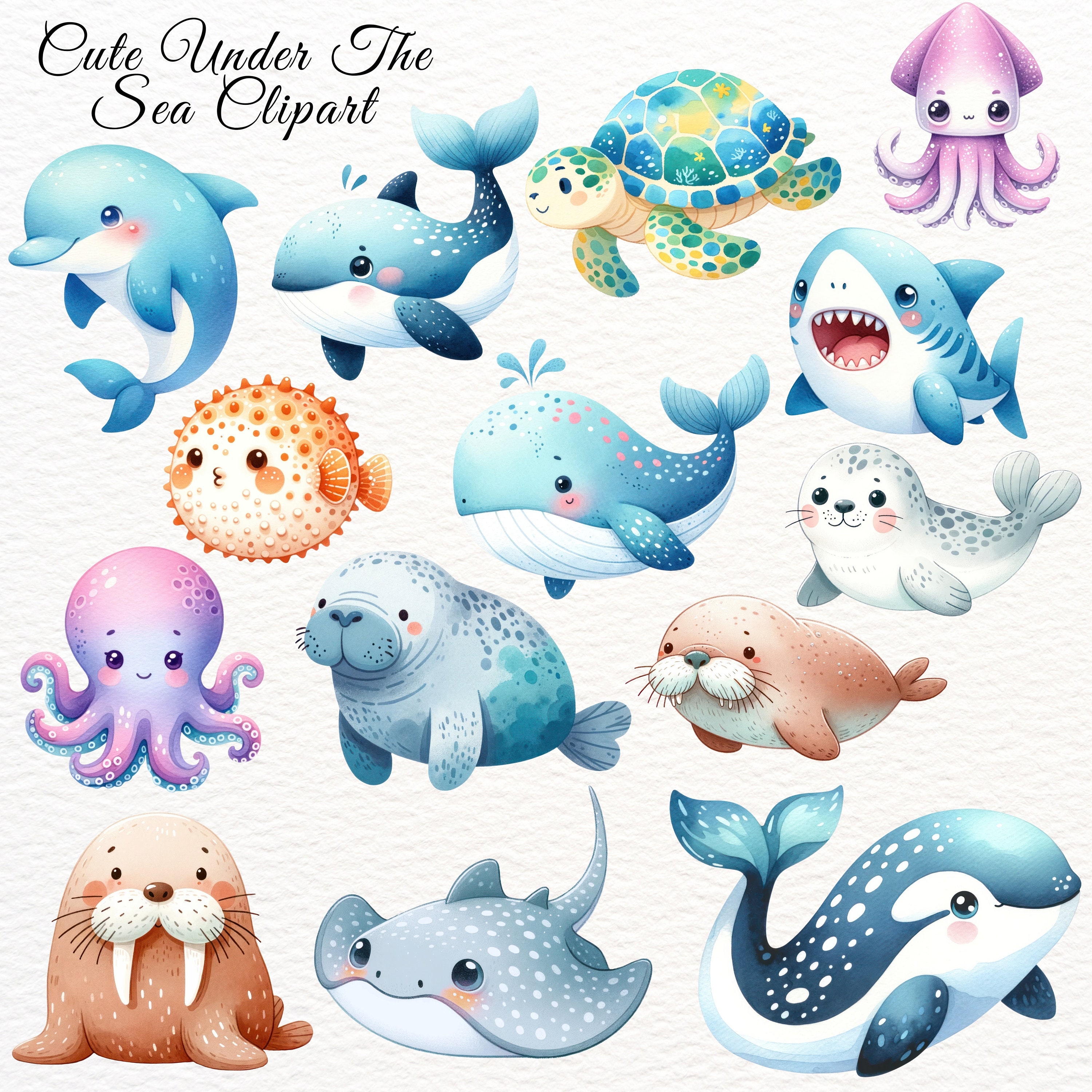 Cute Under the Sea Clipart,watercolor Ocean Animals & Diving Teddy Bear ...