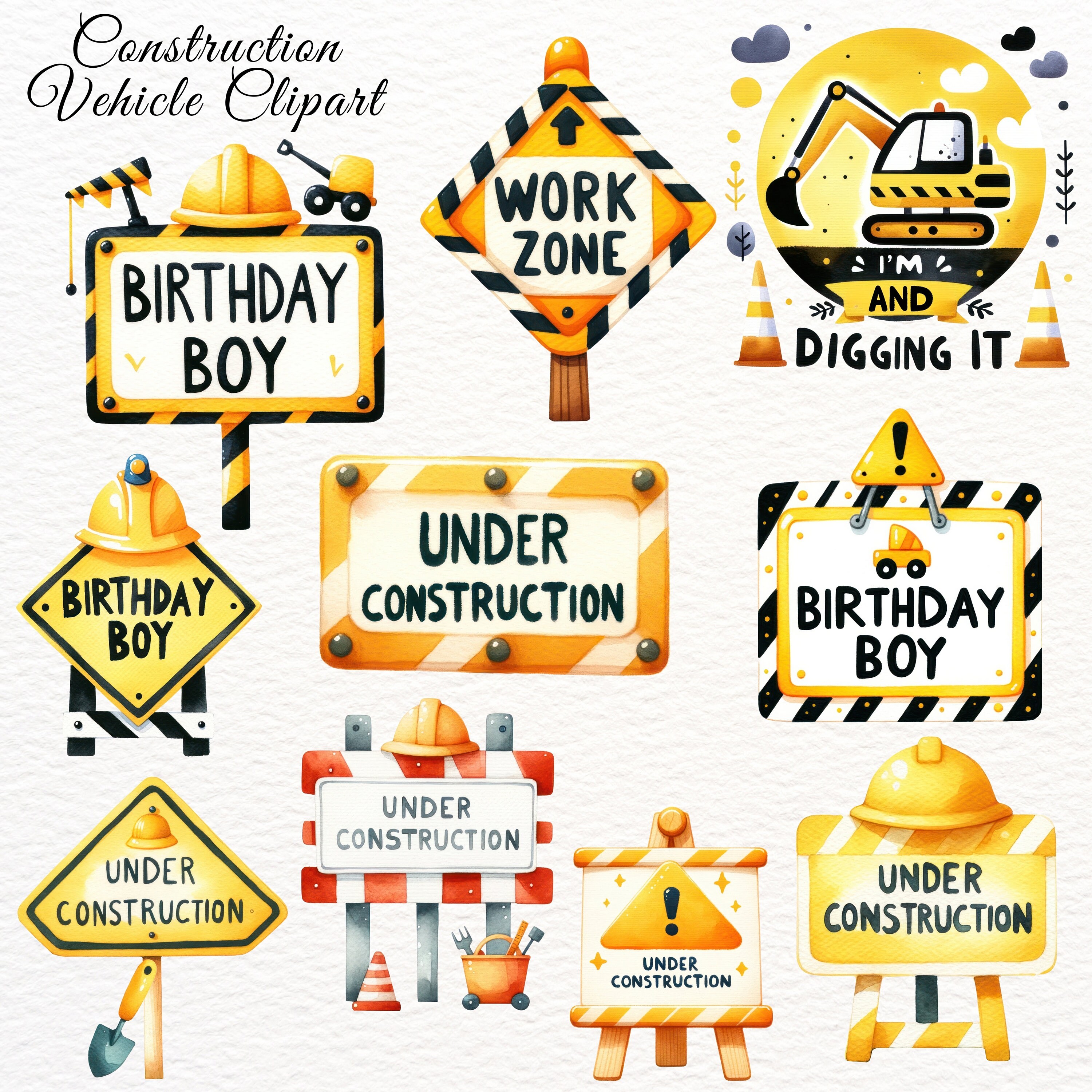 Watercolor Construction Vehicle Clipart: Birthday Party Decor (digital ...