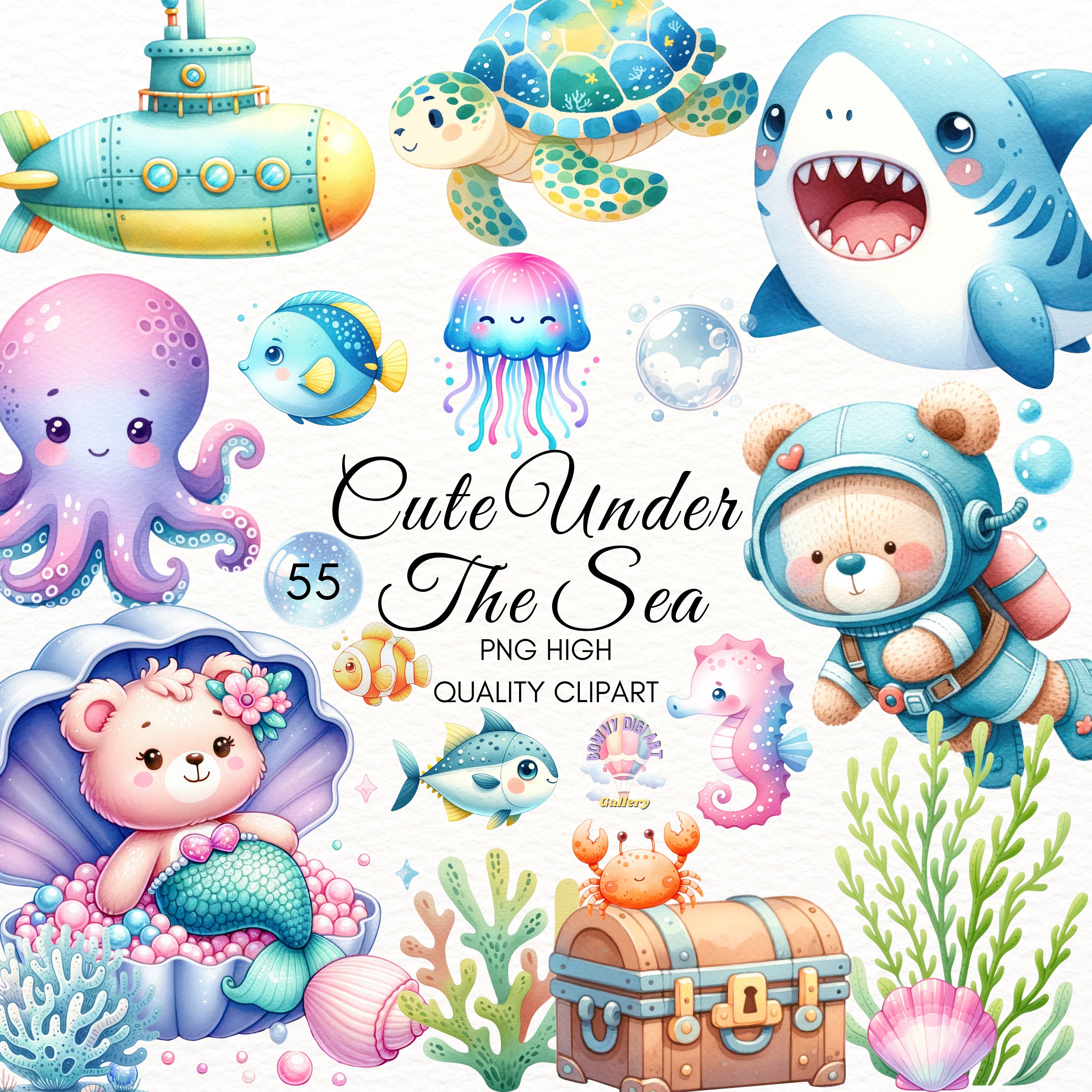 Cute Under the Sea Clipart,watercolor Ocean Animals & Diving Teddy Bear ...