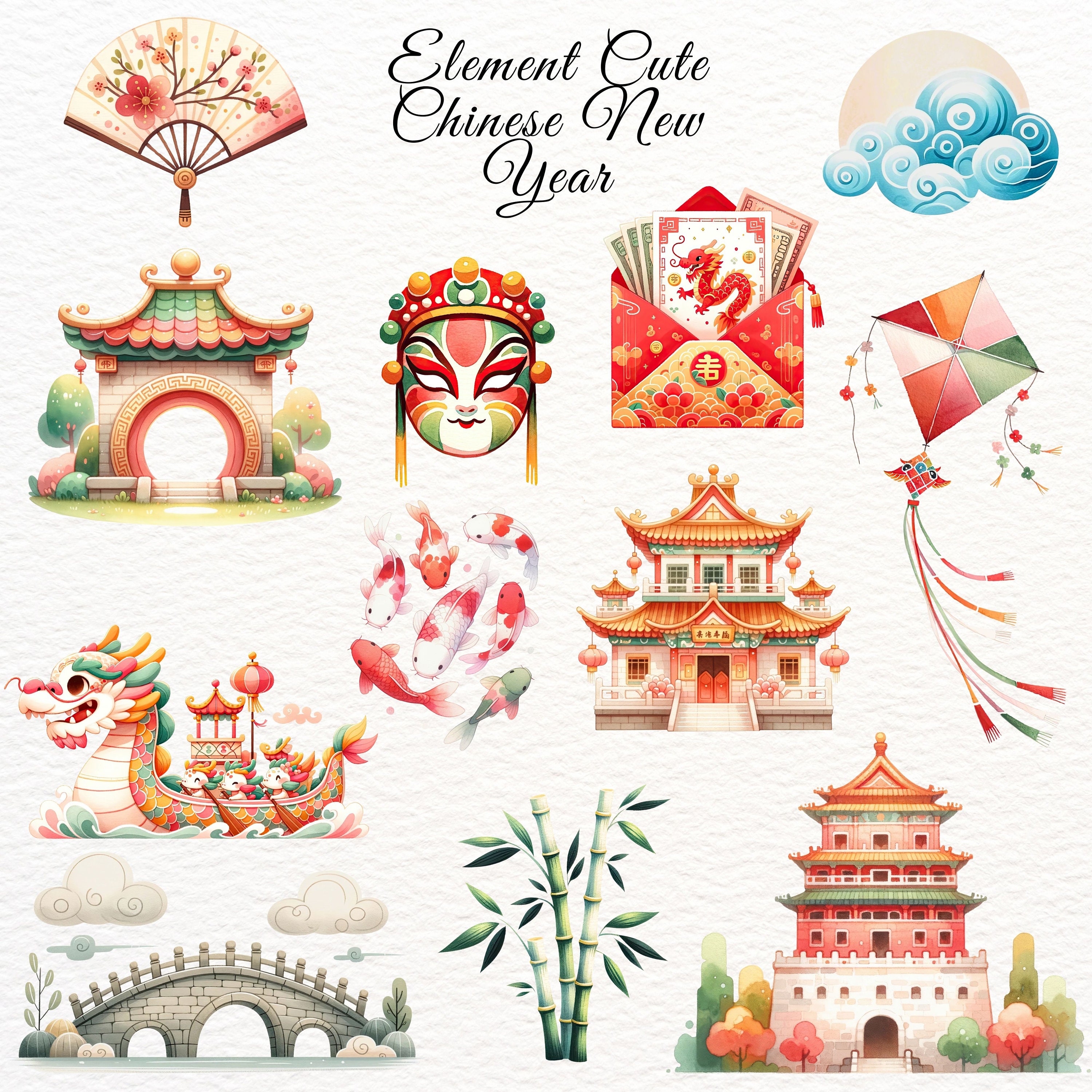 Cute Chinese New Year Watercolor Clipart,chinese New Year Clipart ...