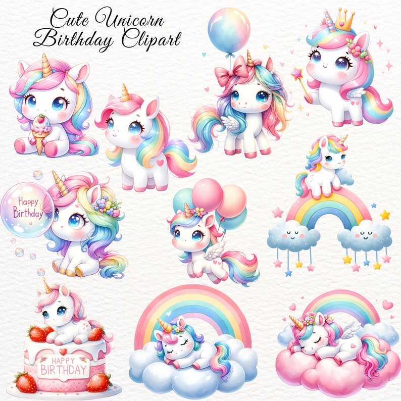 Cute Unicorn Birthday Clipart,rainbow Unicorn Clipart,unicorn Birthday ...