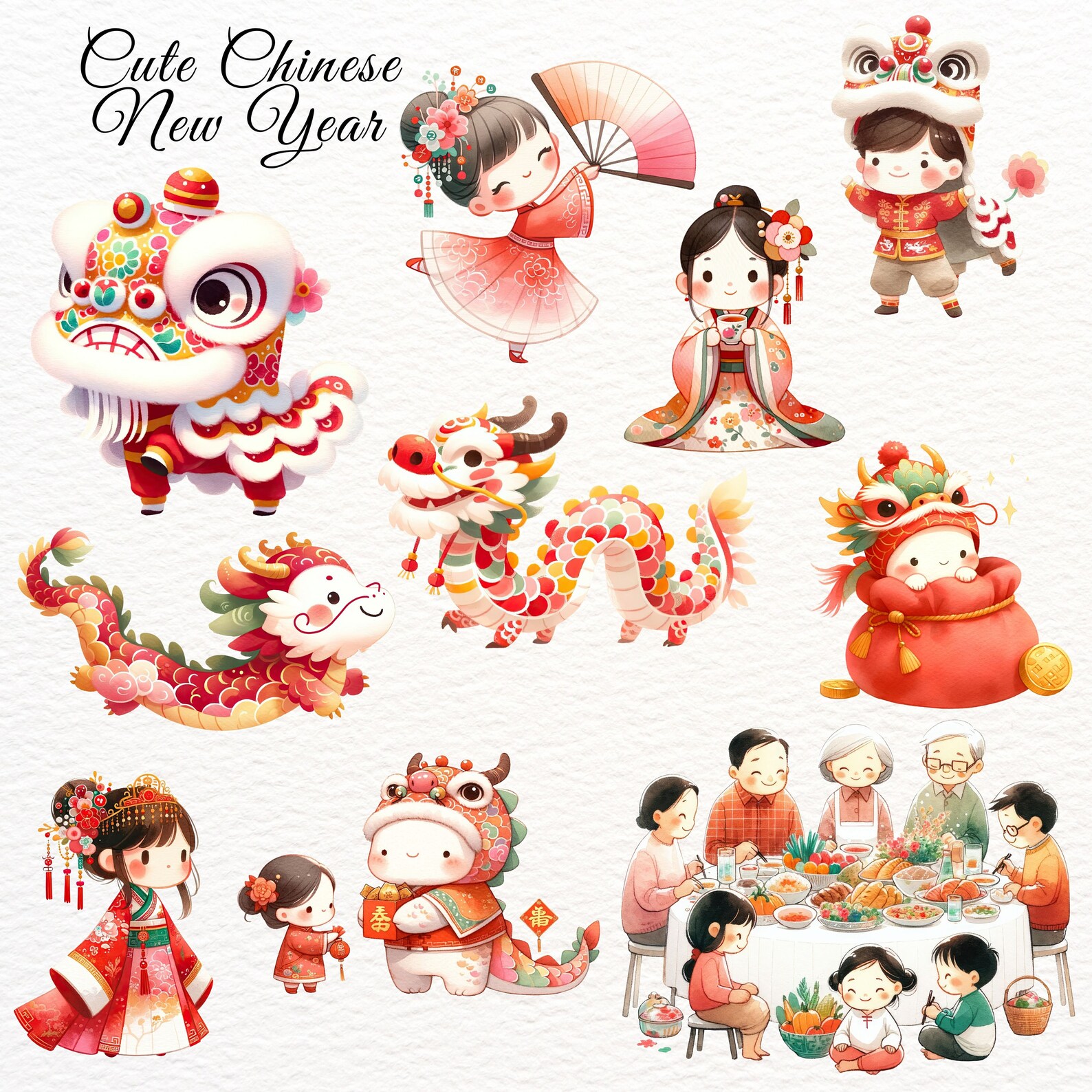 Cute Chinese New Year Watercolor Clipart,chinese New Year Clipart ...
