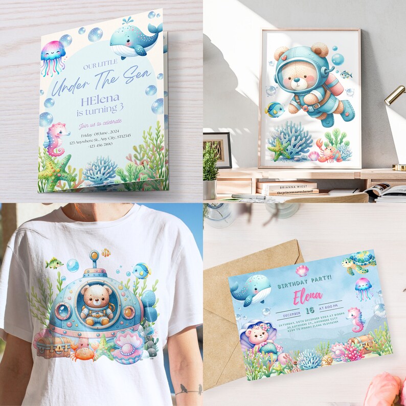 Cute Under the Sea Clipart,watercolor Ocean Animals & Diving Teddy Bear ...