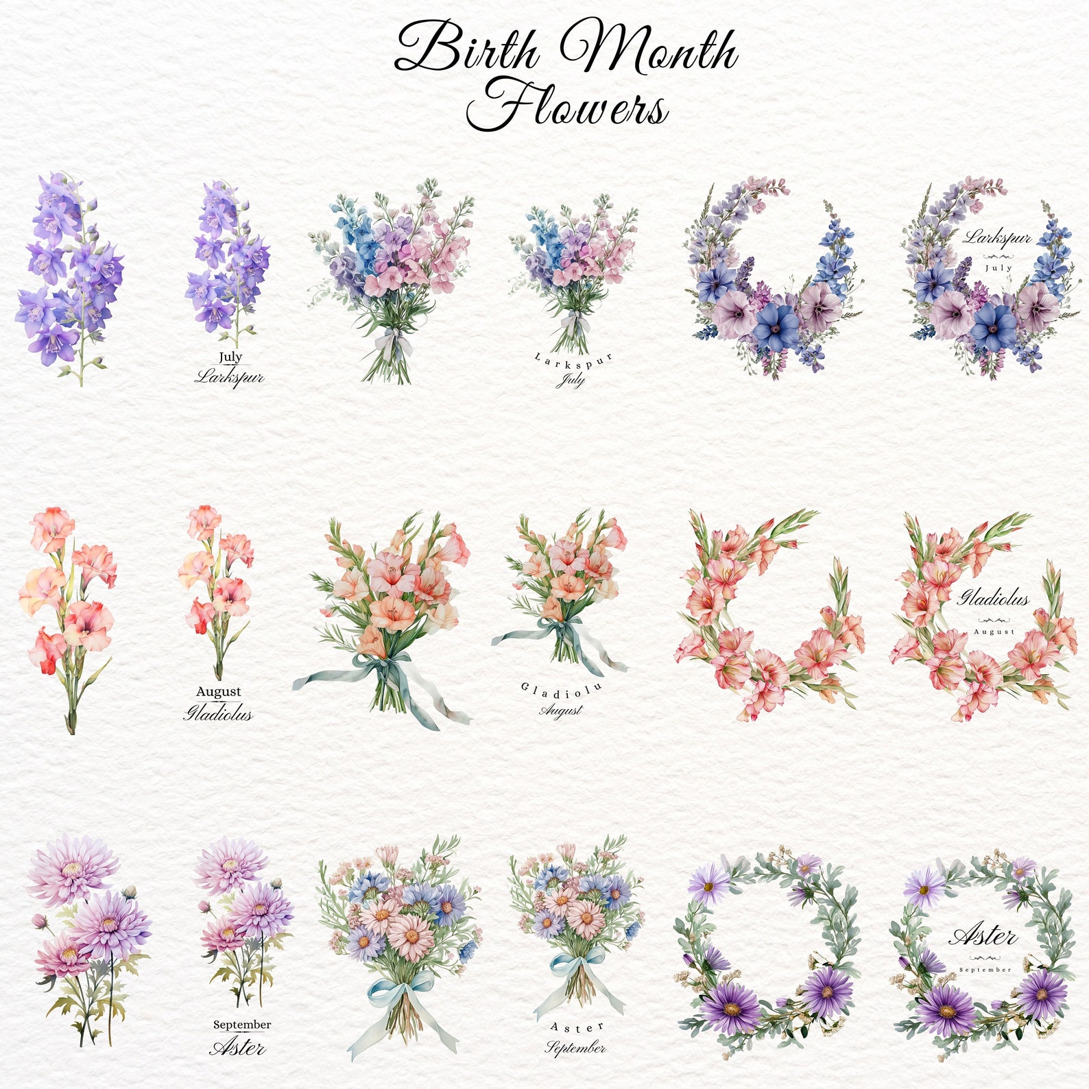 Watercolor Birth Month Flower Clipart,birth Flower Png,watercolor ...