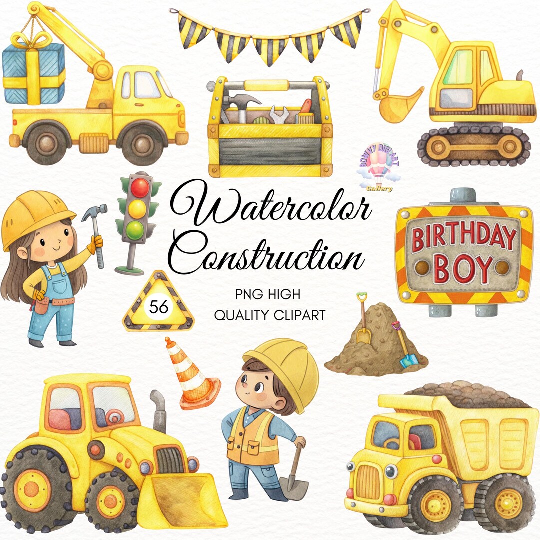 Watercolor Construction Clipart,construction Birthday,watercolor ...