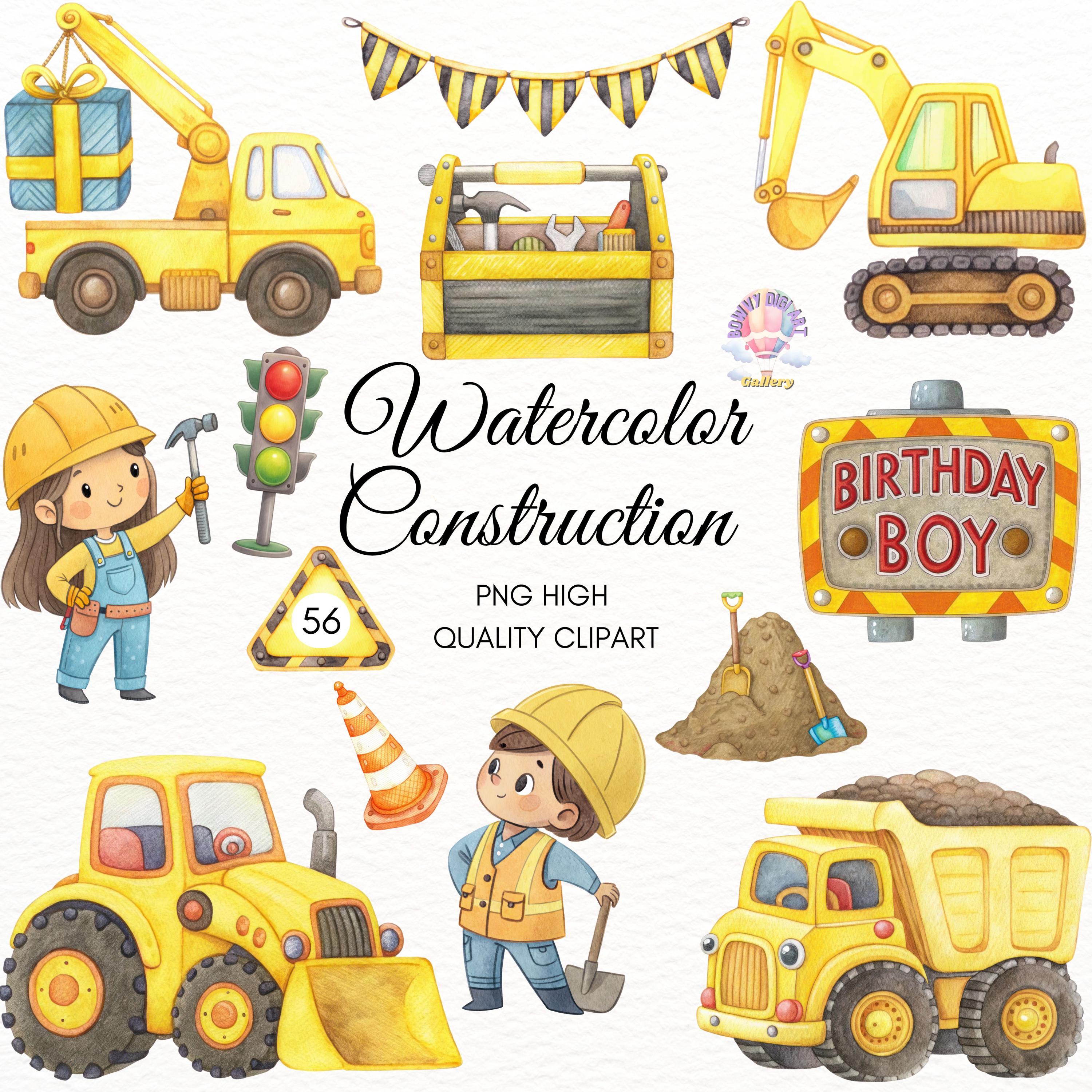 Watercolor Construction Clipart,construction Birthday,watercolor ...