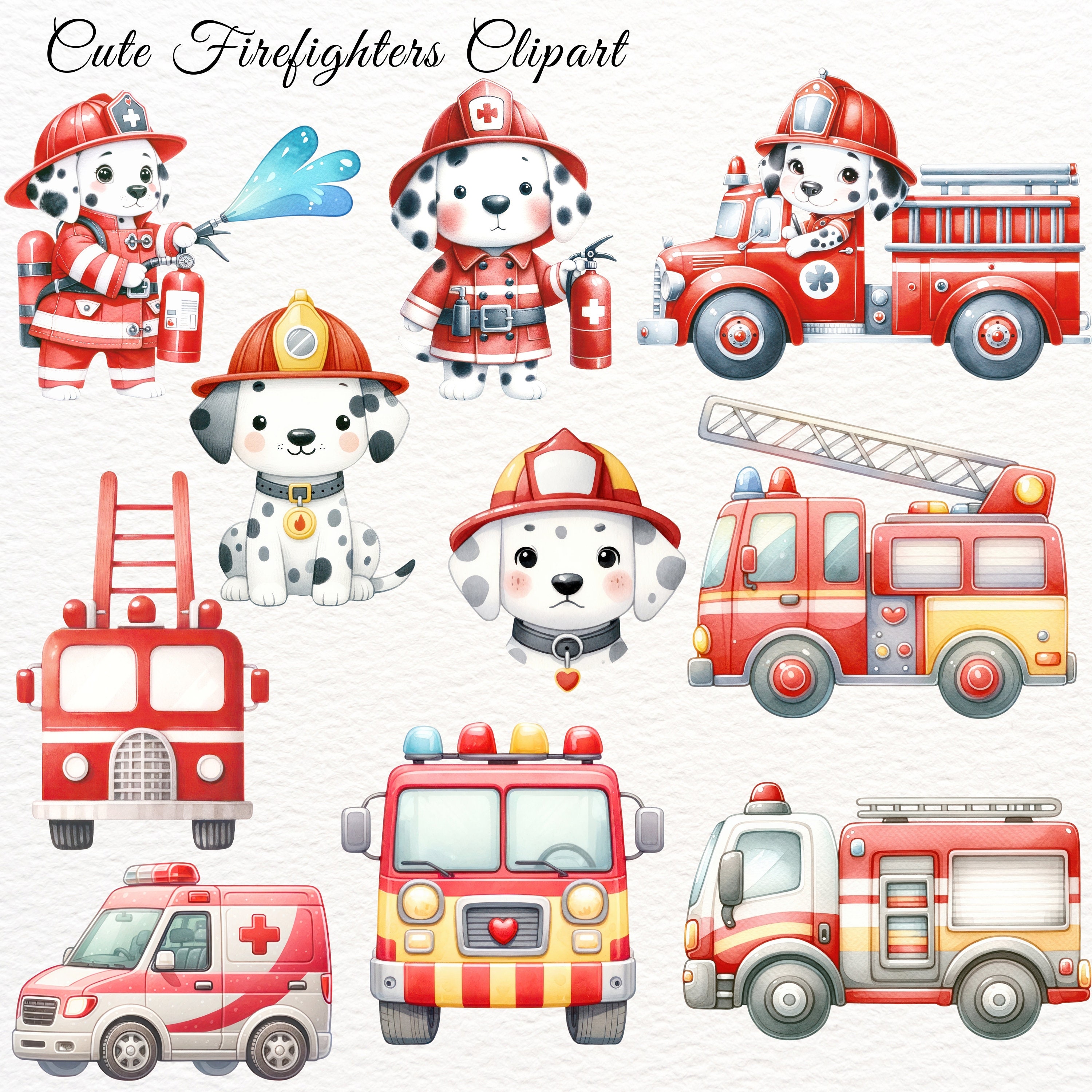 Cute Firefighters Clipart,fire Truck,watercolor Vehicles,watercolor ...
